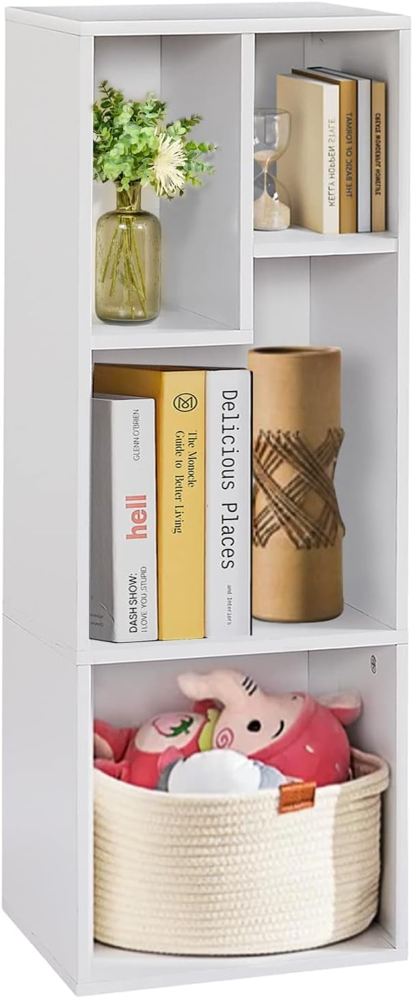 Small White Bookshelf, 4 Cube Slim Bookcase, Fits Tallest Hardcovers ...