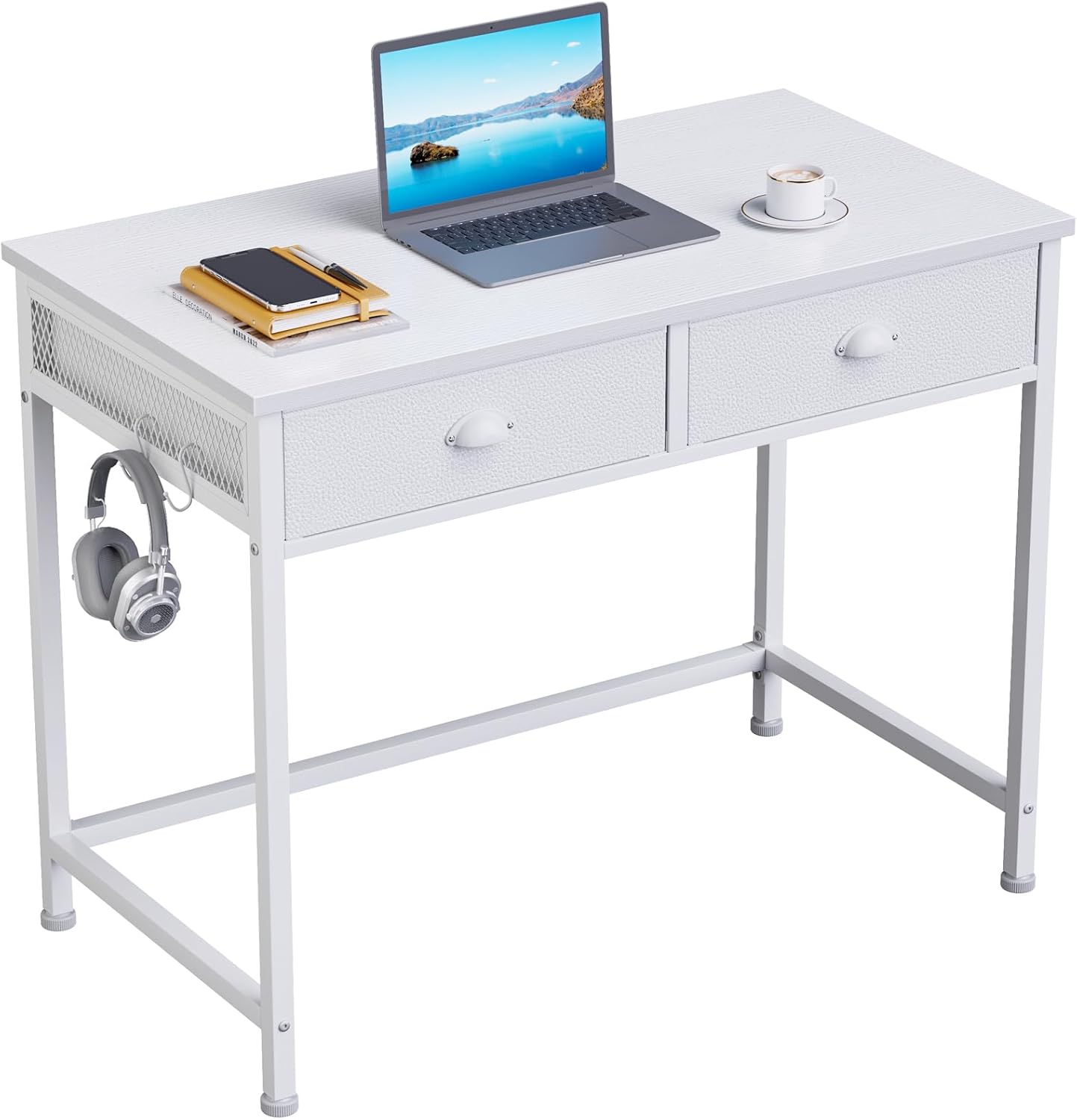 Small White Computer Desk with 2 Fabric Drawers, 36 Inch Simple Home ...