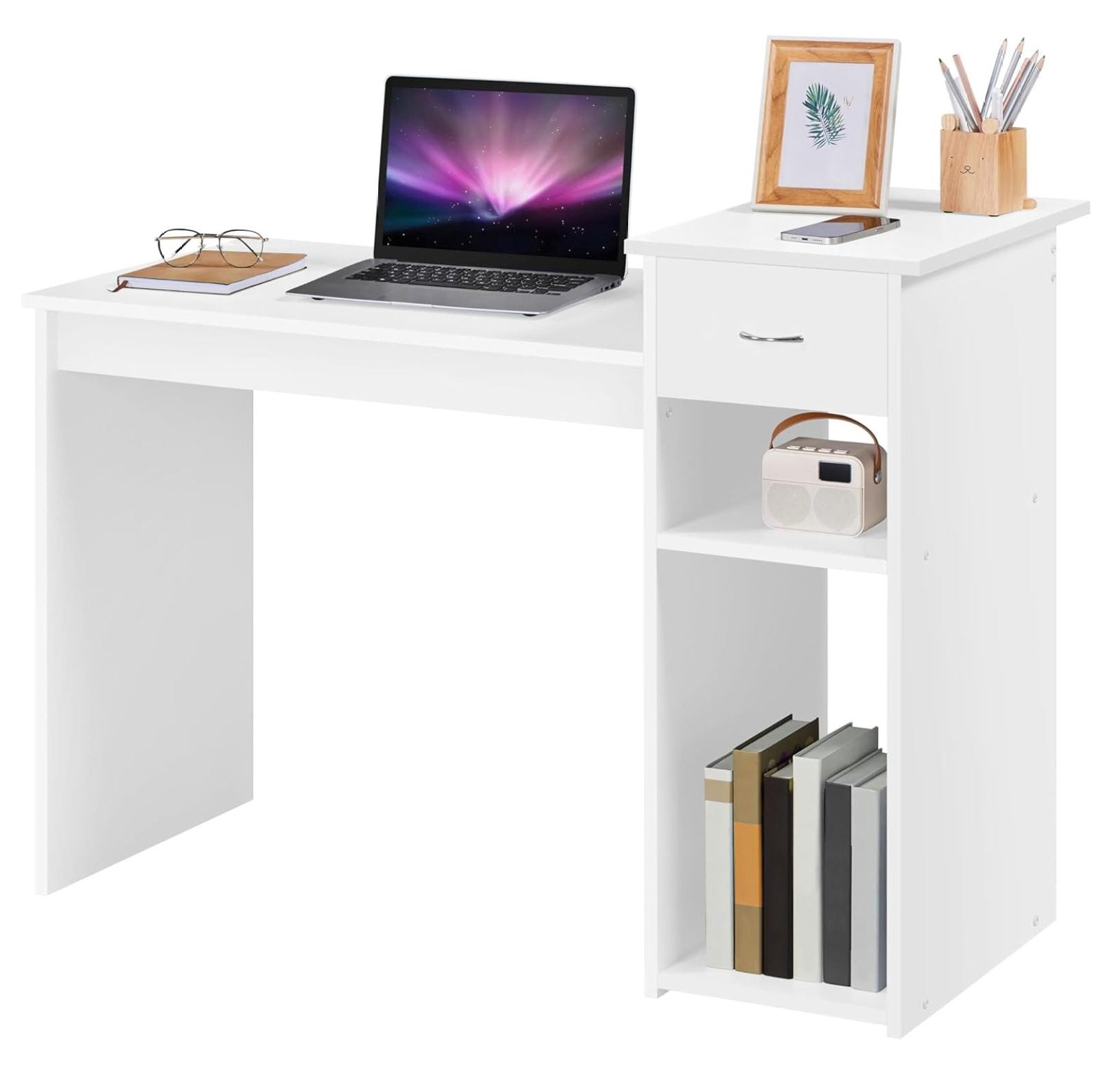 Small White Computer Desk with Drawers and Printer Shelves, Wood Study ...