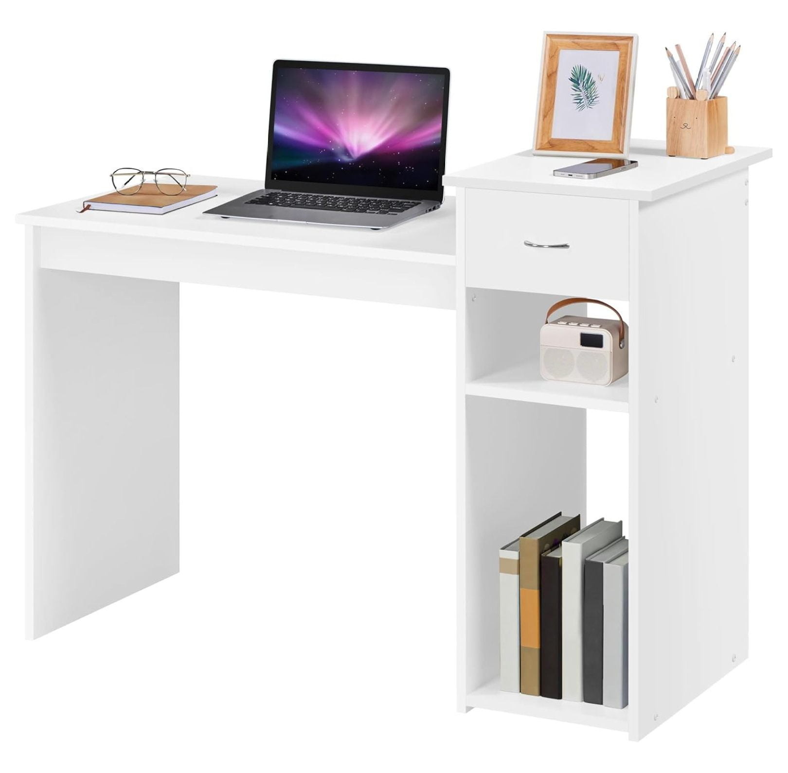 Small White Computer Desk with Drawers and Printer Shelves, Wood Study ...