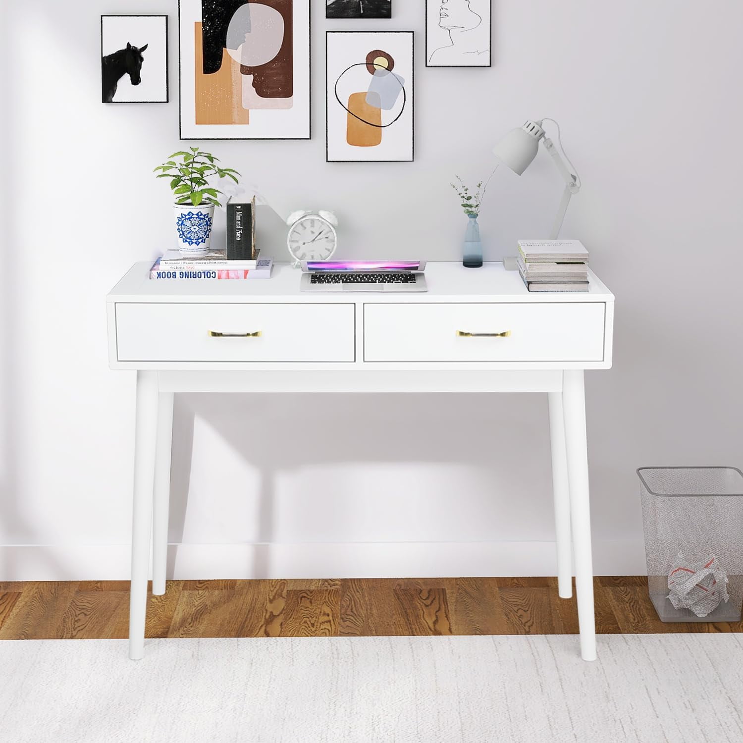 Small White Desk with 2 Drawers, Modern Writing Desk for Small Spaces ...
