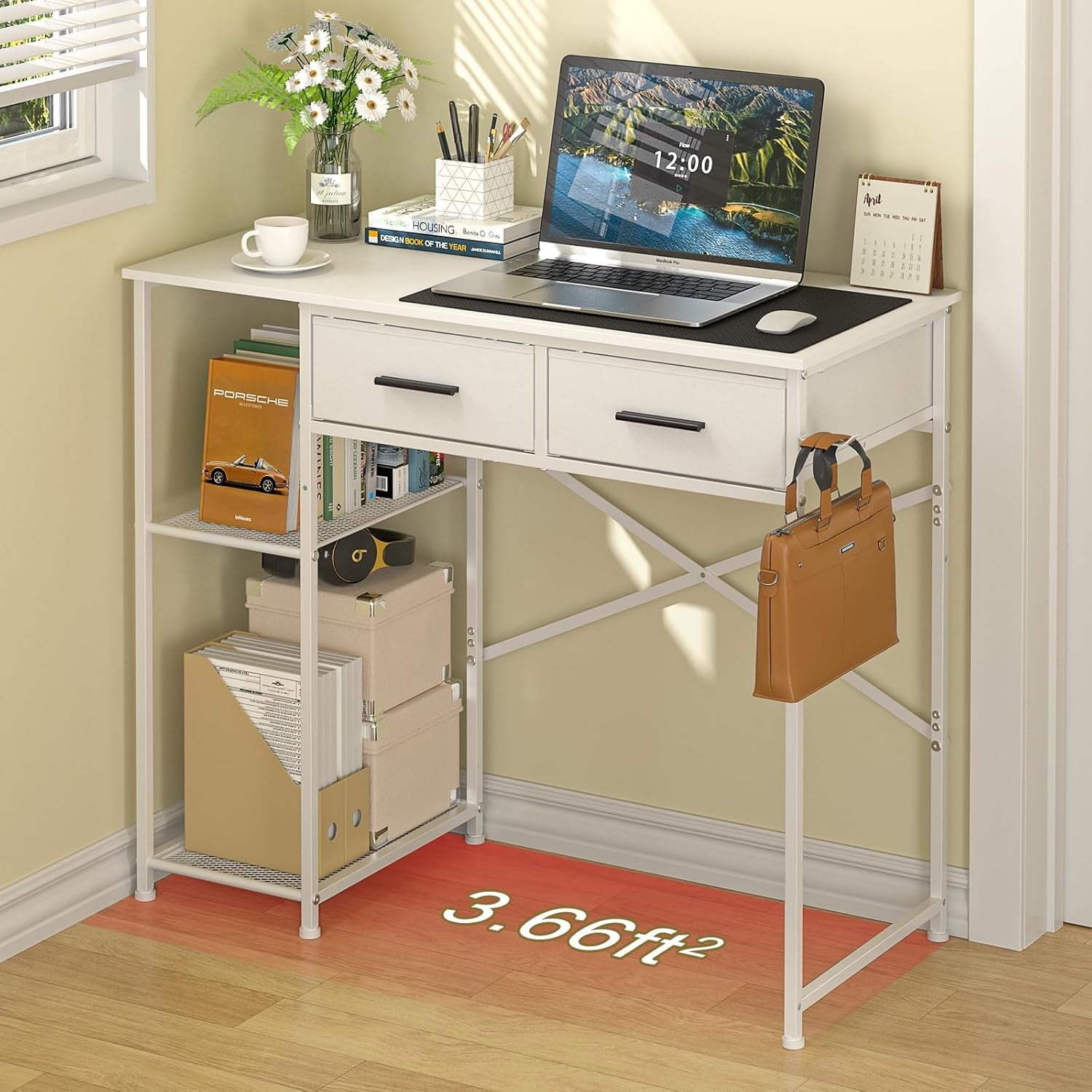 Small White Desk with Drawers, 36 Inch Small Computer Desk for Small ...