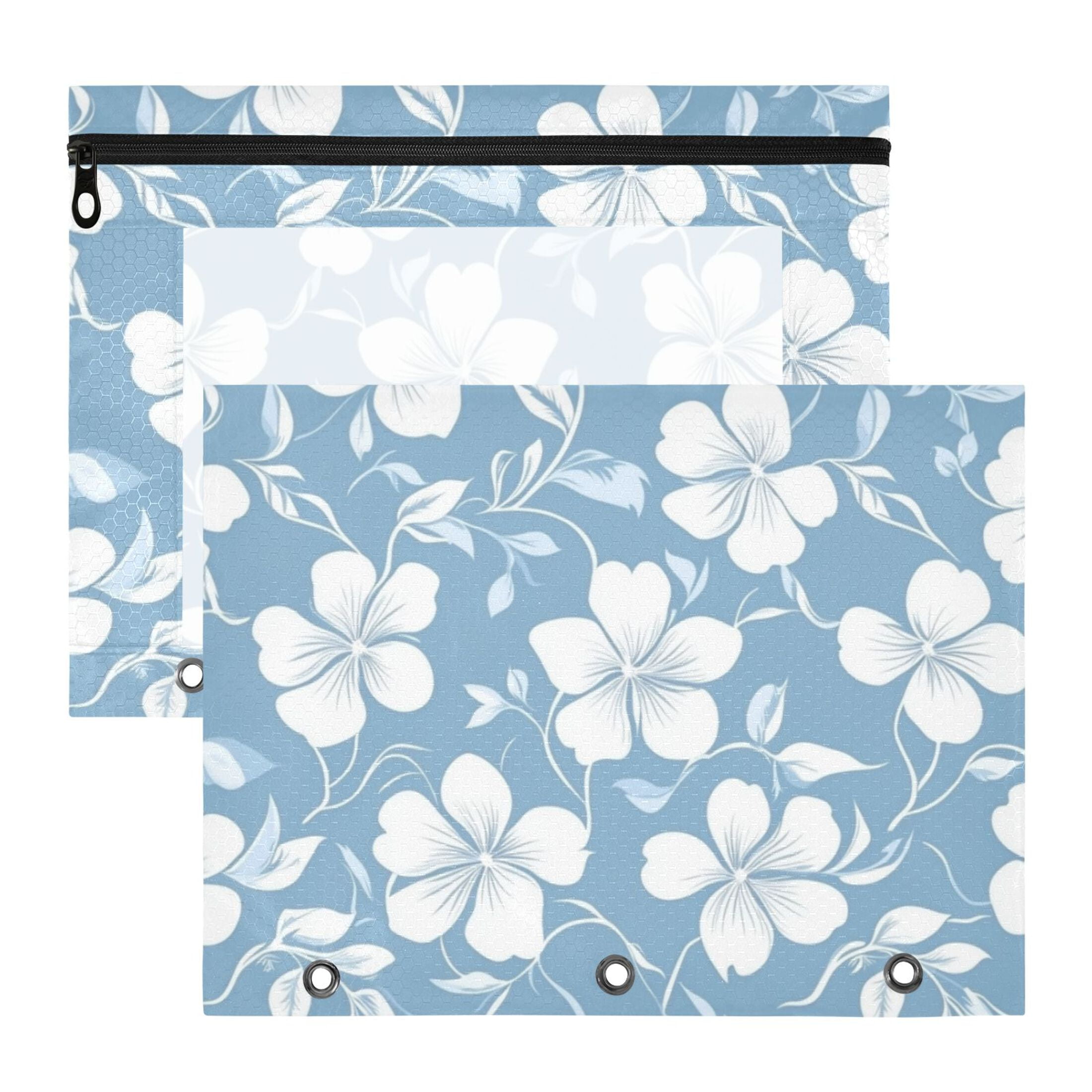 Small White Florals Leaves 3-Ring Binder Pouches A4 Size Zipper Pocket ...