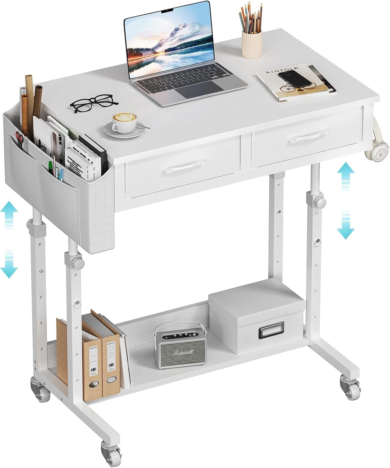 Small White Portable Rolling Desk - 32 Inch Adjustable Mobile Standing ...