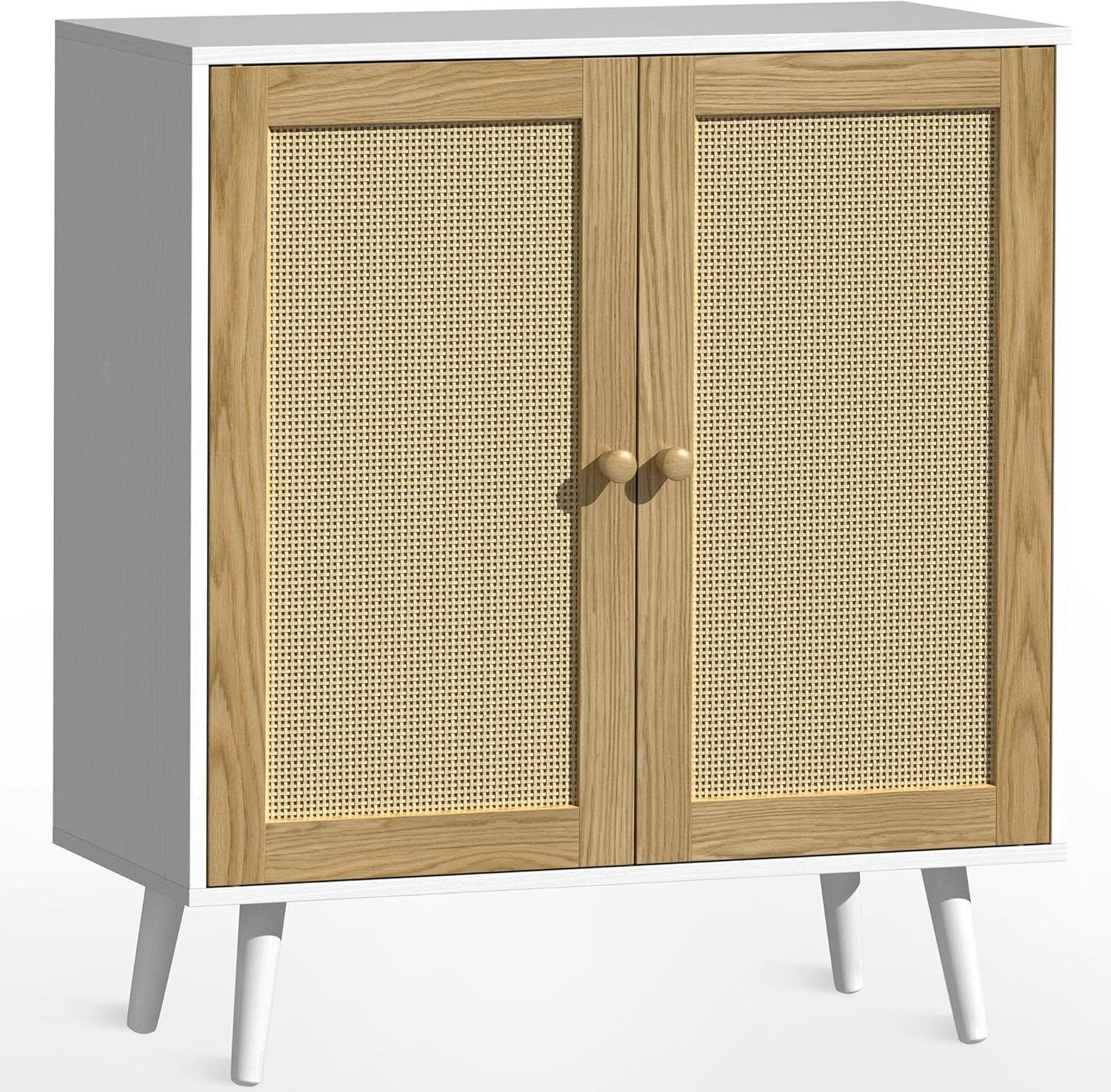 Small White Rattan Storage Cabinet with Doors for Kitchen & Entryway ...