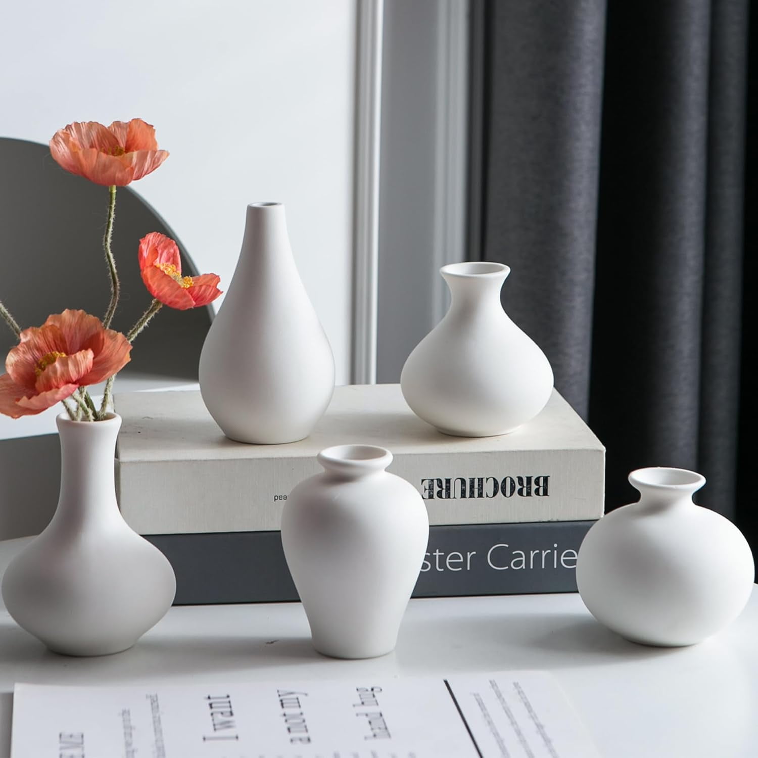Small White Vases, Ceramic Bud Vase Set of 5, Mini Pottery Vases for ...