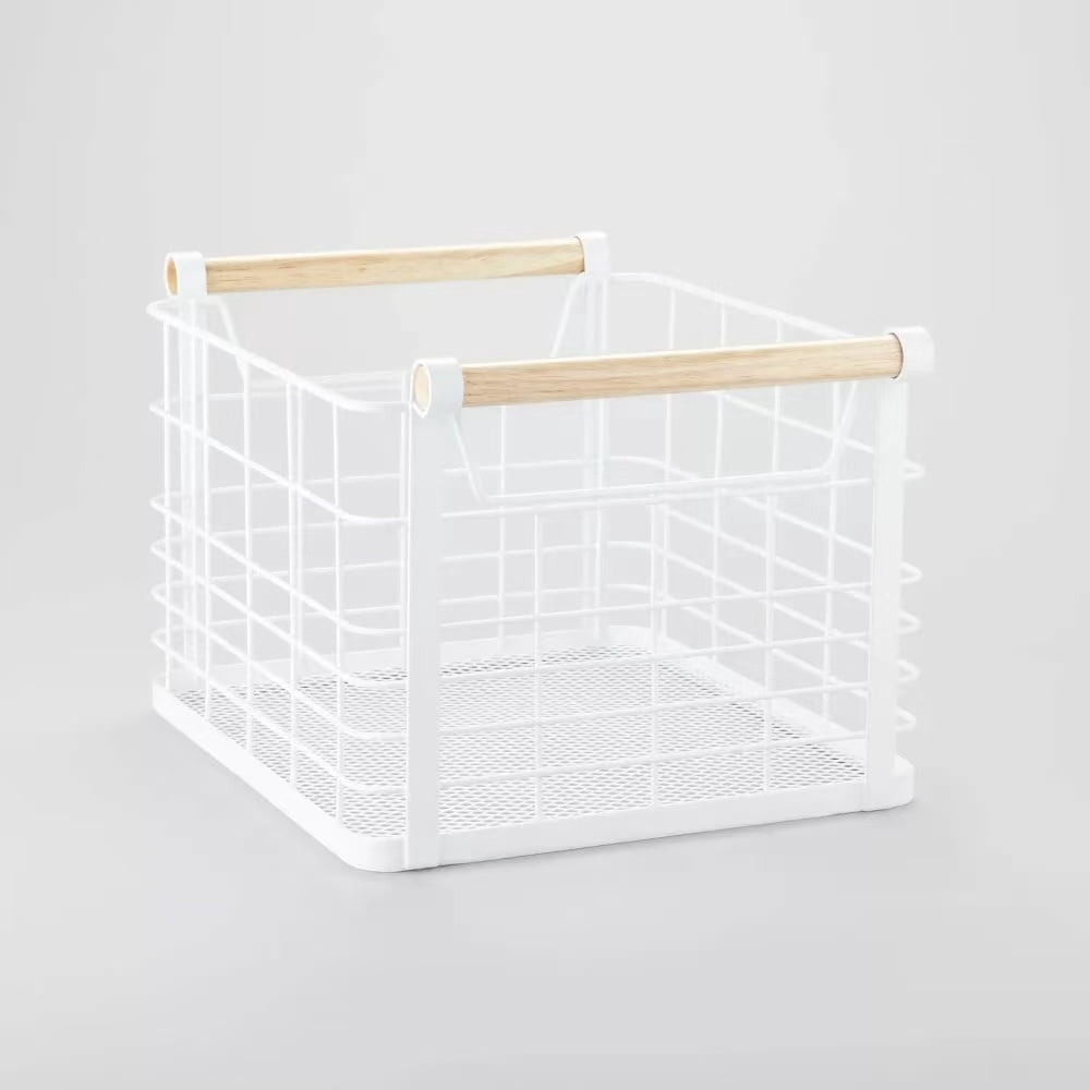 Small Wire Milk Crate Storage Basket with Wood Handles, 13-Inch Cube ...