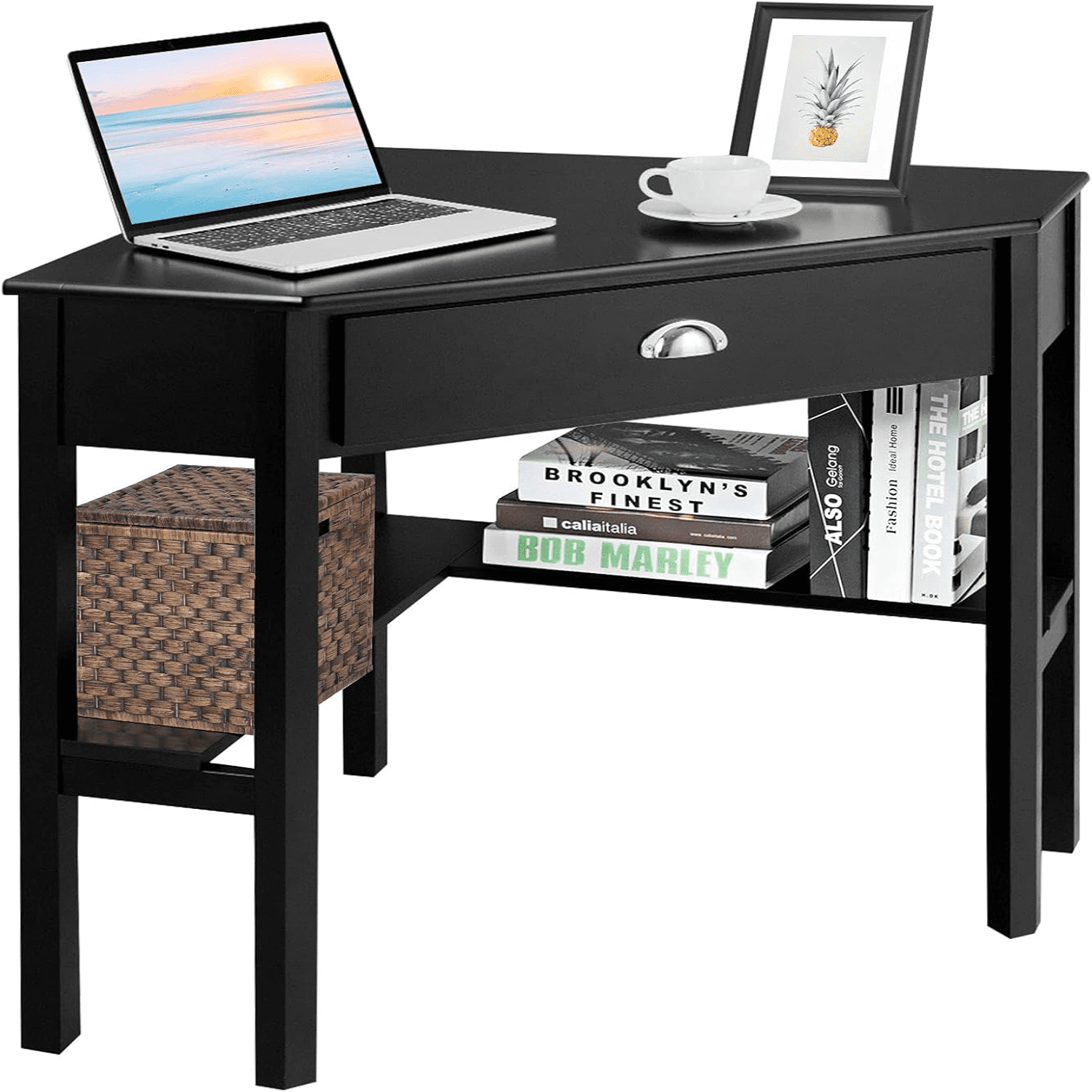 Small Wood Computer Desk Compact Writing w/Drawer & Storage Shelves ...