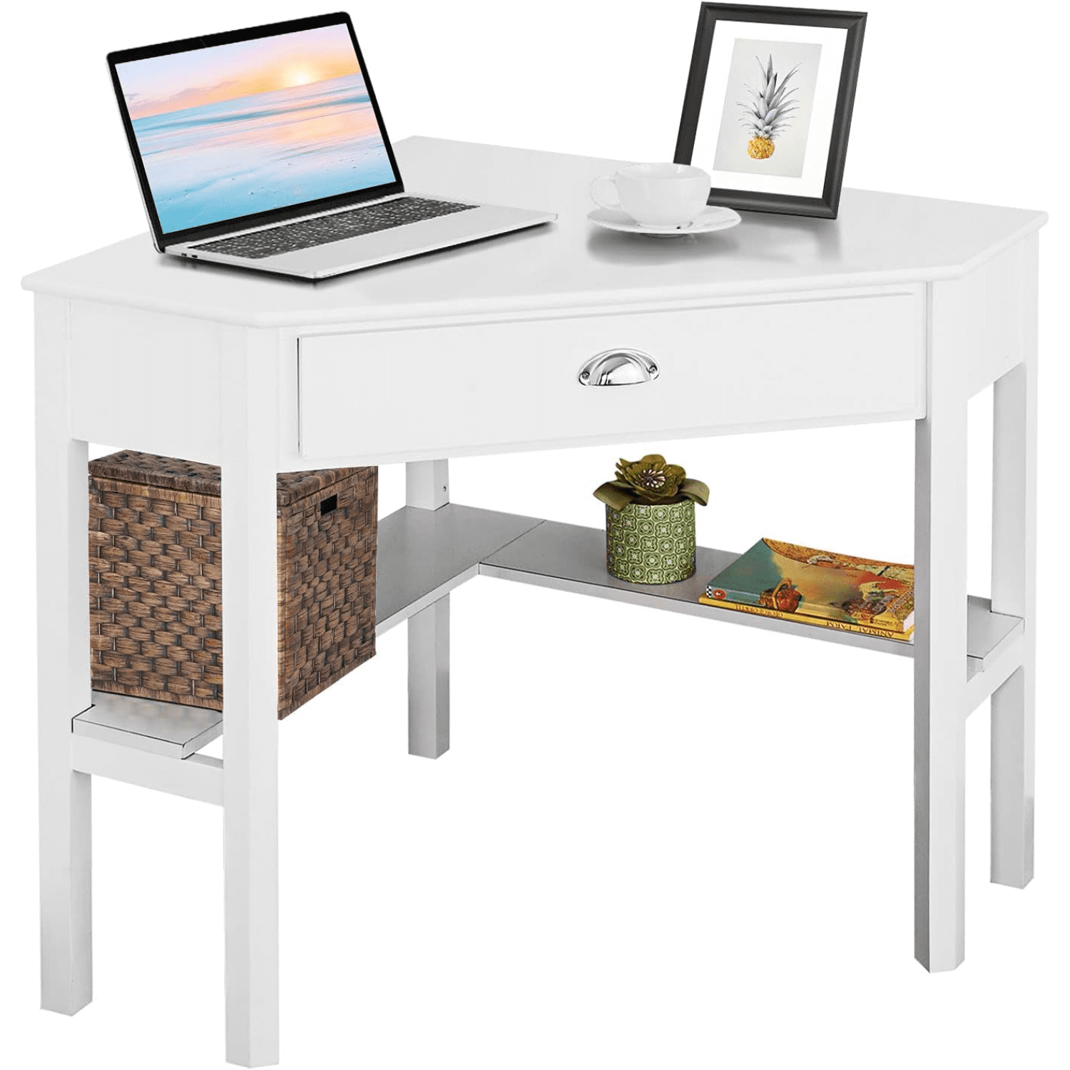 Small Wood Computer Desk Compact Writing w/Drawer & Storage Shelves ...
