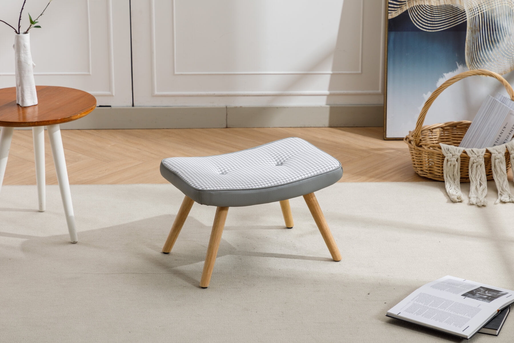 Small Wooden Step Ottoman, Sofa footrest, Comfy Cotton Linen Step Stool ...