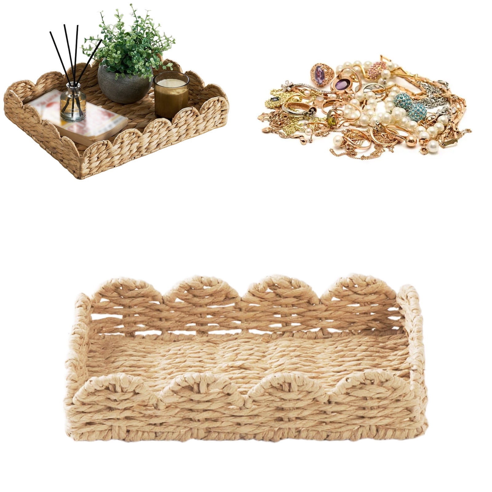 Small Woven Water Hyacinth Decorative Tray with Scalloped Edge, Natural ...