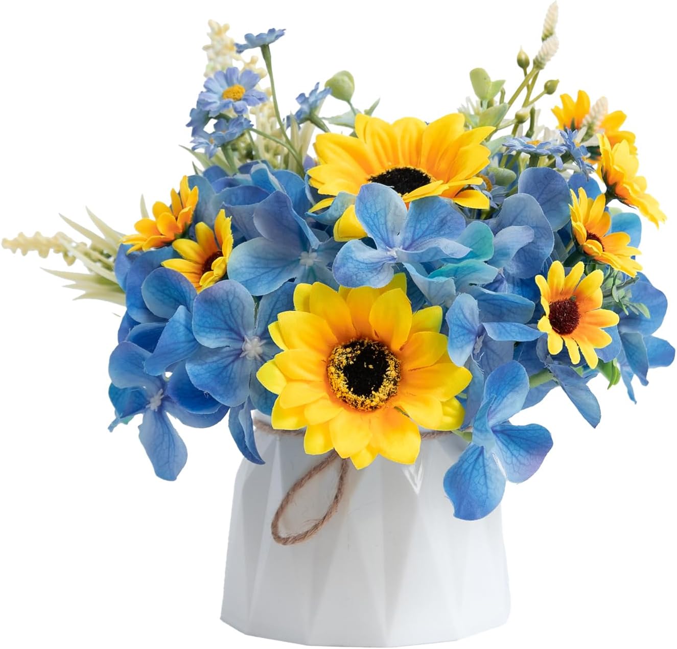 Small fake flowers in well-known plastic vase Centerpiece coffee table ...