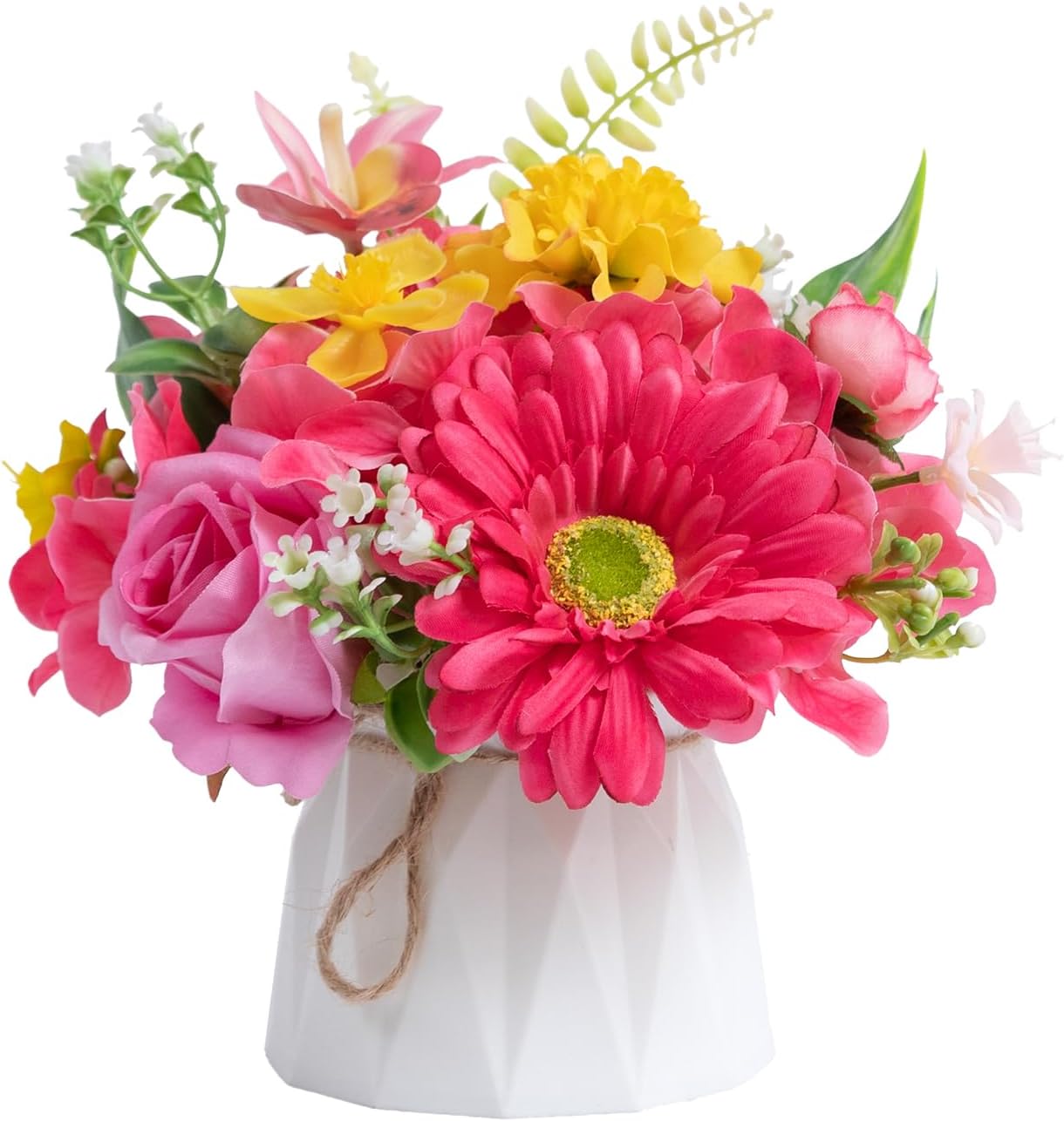 Small fake flowers in well-known plastic vase Centerpiece coffee table ...