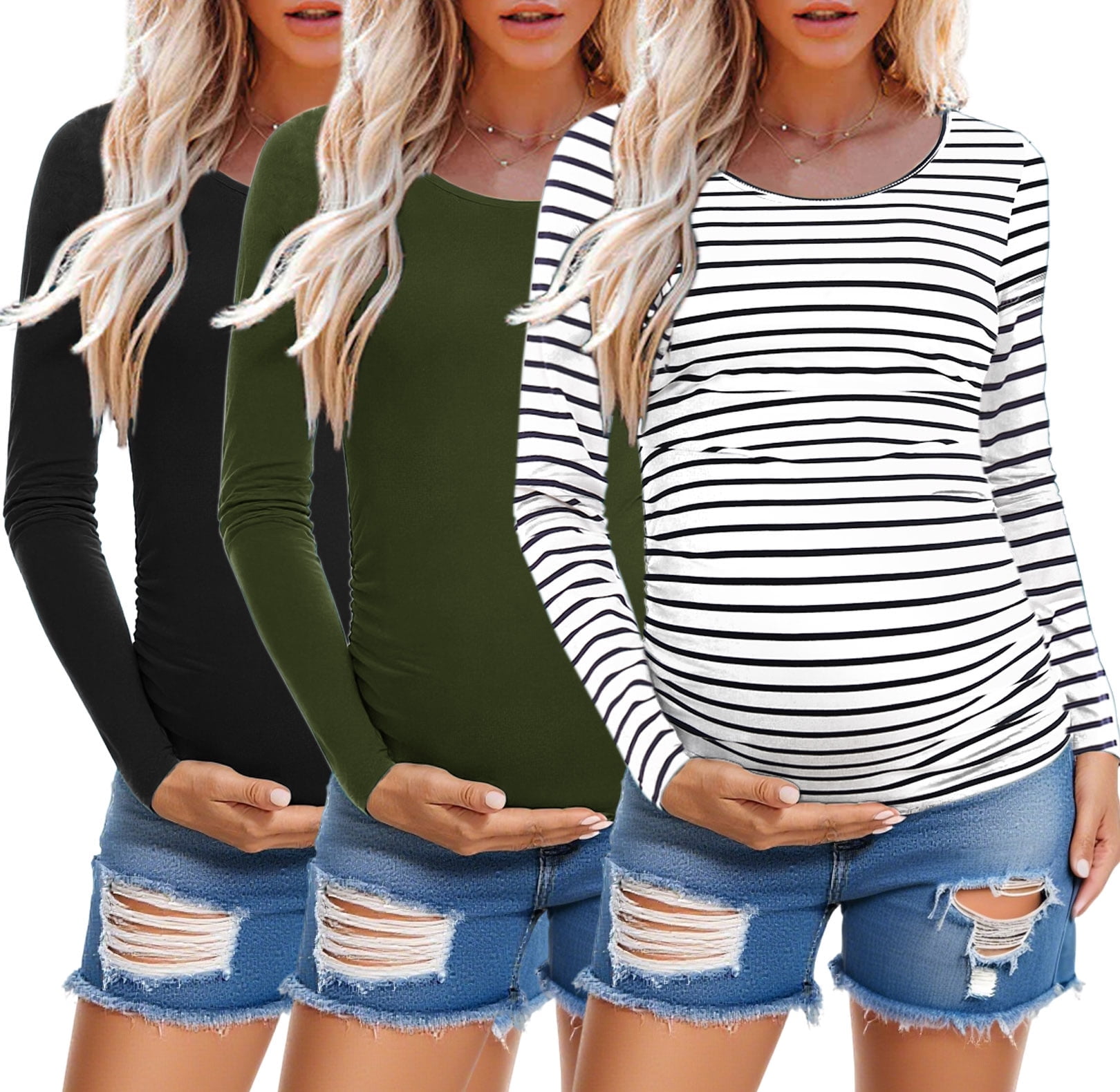 Smallshow Maternity Shirts, 3-Pack Long Sleeve Pregnancy Tops, Casual ...