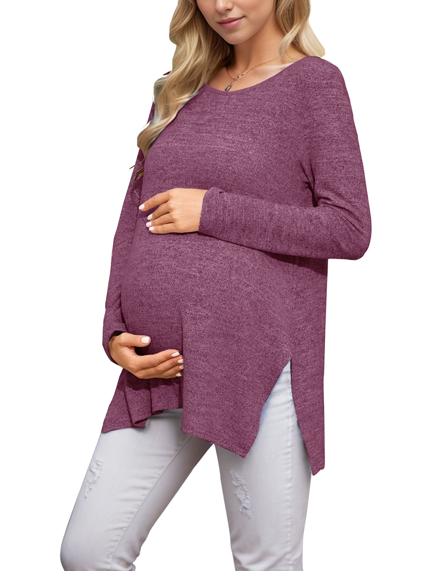 Smallshow Maternity Clothes Long Sleeve Side Split Maternity Shirts ...