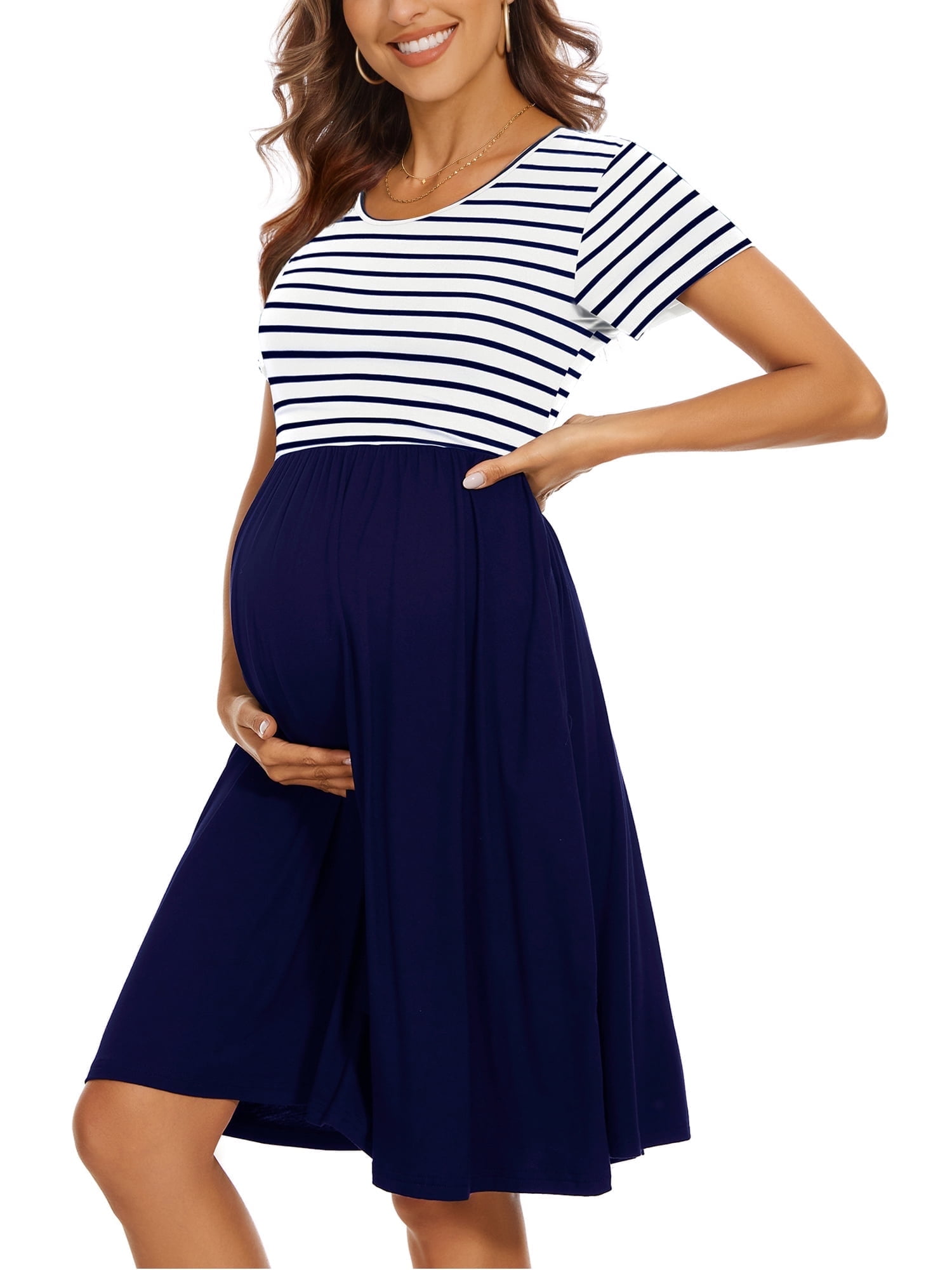 Smallshow Women's Postpartum Flowy Maternity Dress, Short Sleeve, A ...
