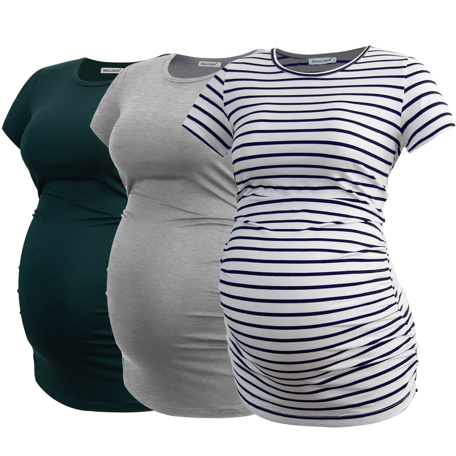 Smallshow Women's 3-Pack Short Sleeve Maternity T-Shirts with Side Ruching, Lightweight and ...