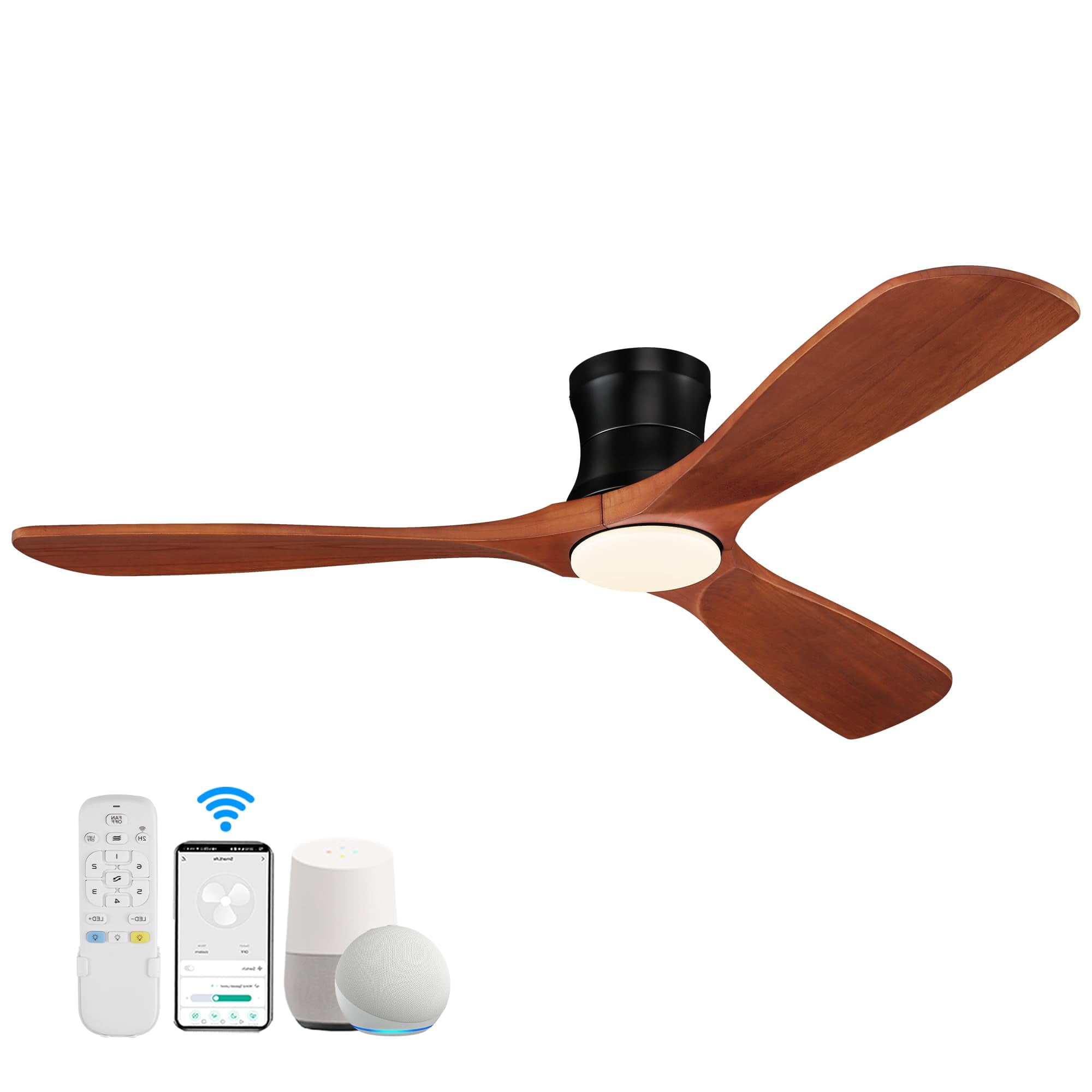 Smart 52" Wood Flush Mount Ceiling Fans with Lights Remote,Quiet DC ...