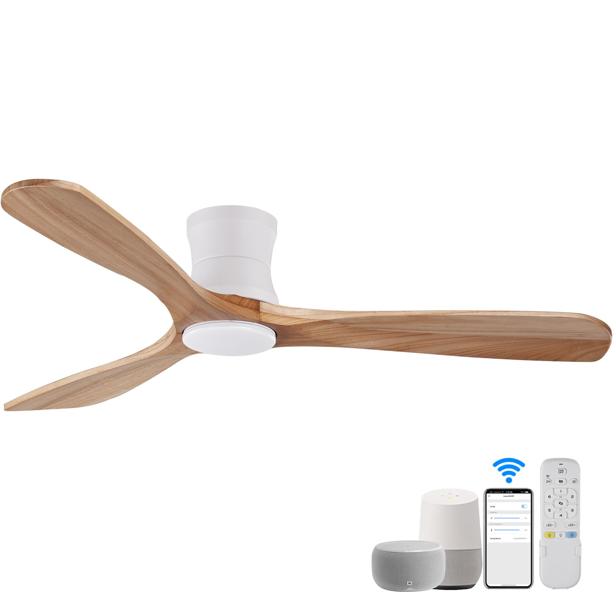 Smart 52" Wood Flush Mount Ceiling Fans with Lights and Remote,Quiet DC ...