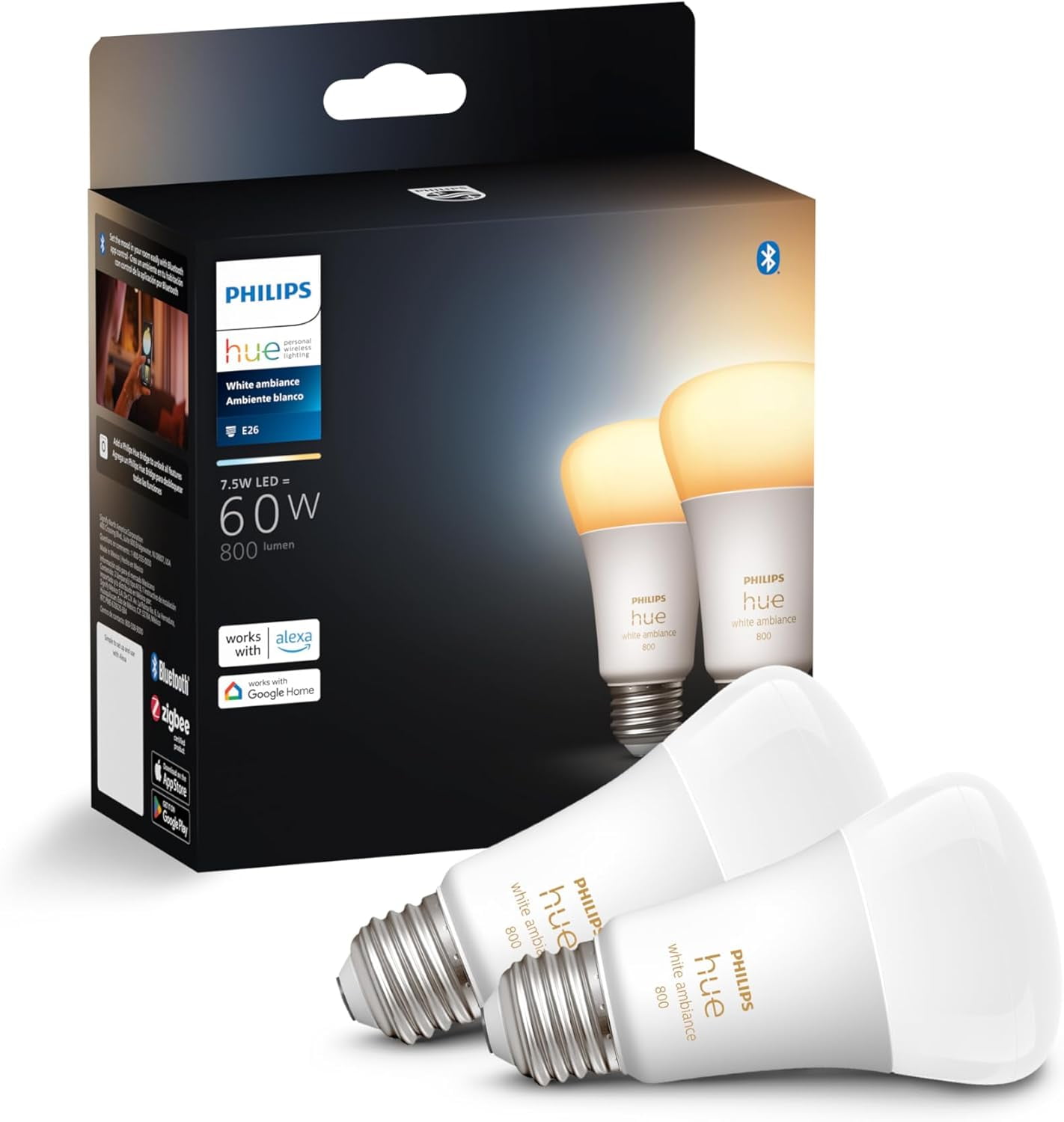 Smart 60W A19 LED Bulb - White Ambiance Warm-to-Cool White Light - 2 ...