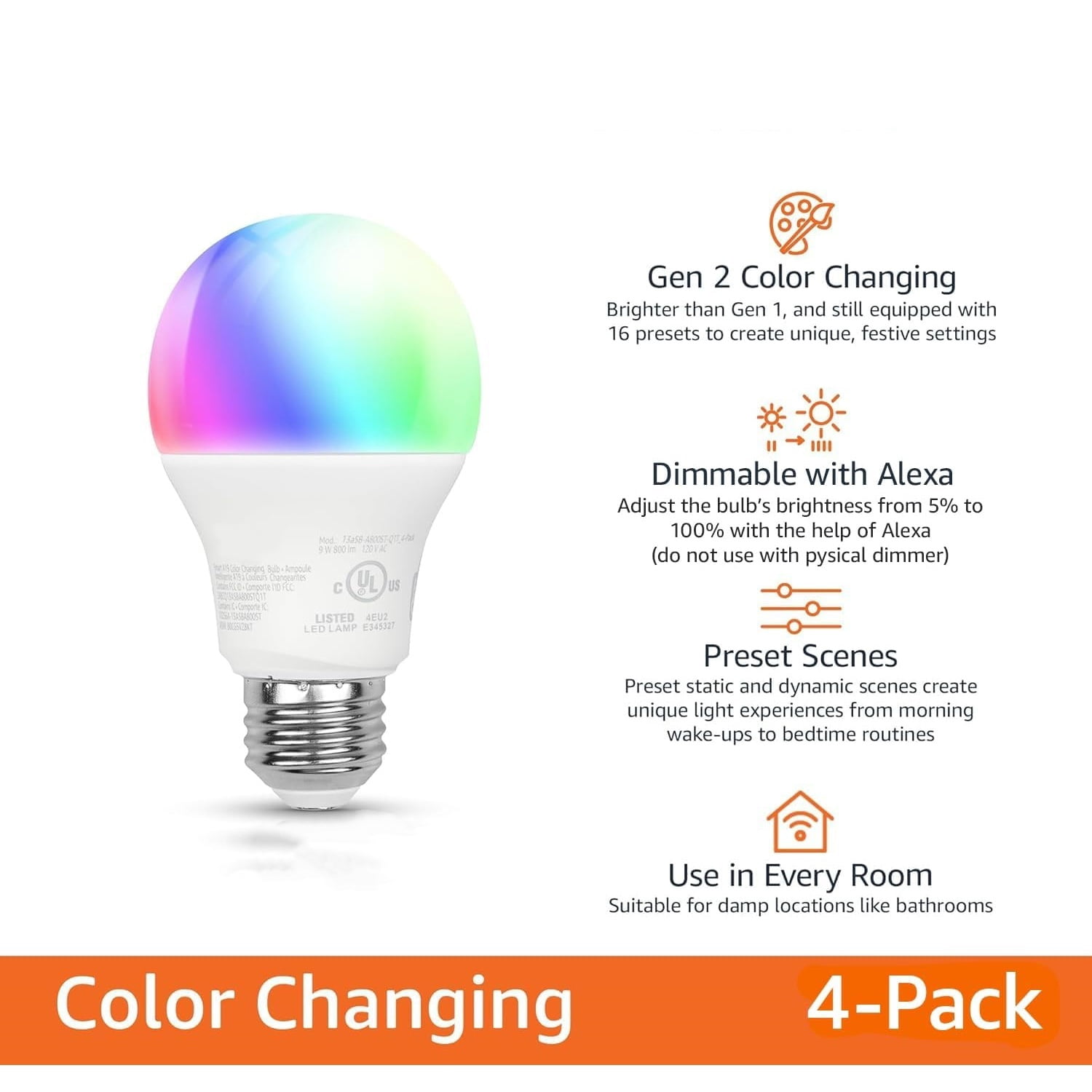Smart A19 LED Light Bulb, Color Changing, 9W (60W Equivalent), 800LM ...