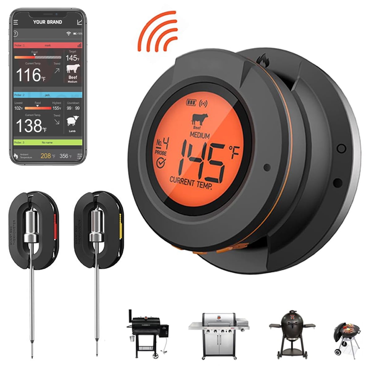 Smart Bluetooth Meat Thermometer with 2 Probes,Wireless BBQ/Smoker ...