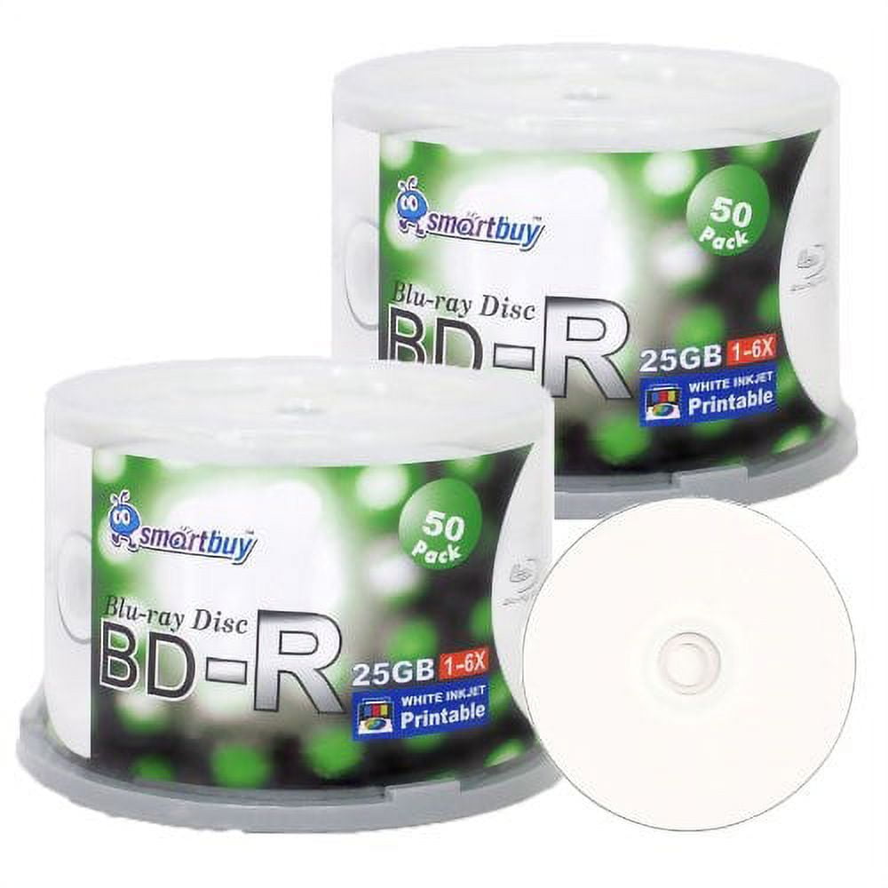 Smart Buy 100-disc 25GB 6x BD-R BDR Blu-Ray Single Layer White Inkjet Hub Printable Blank Data ...