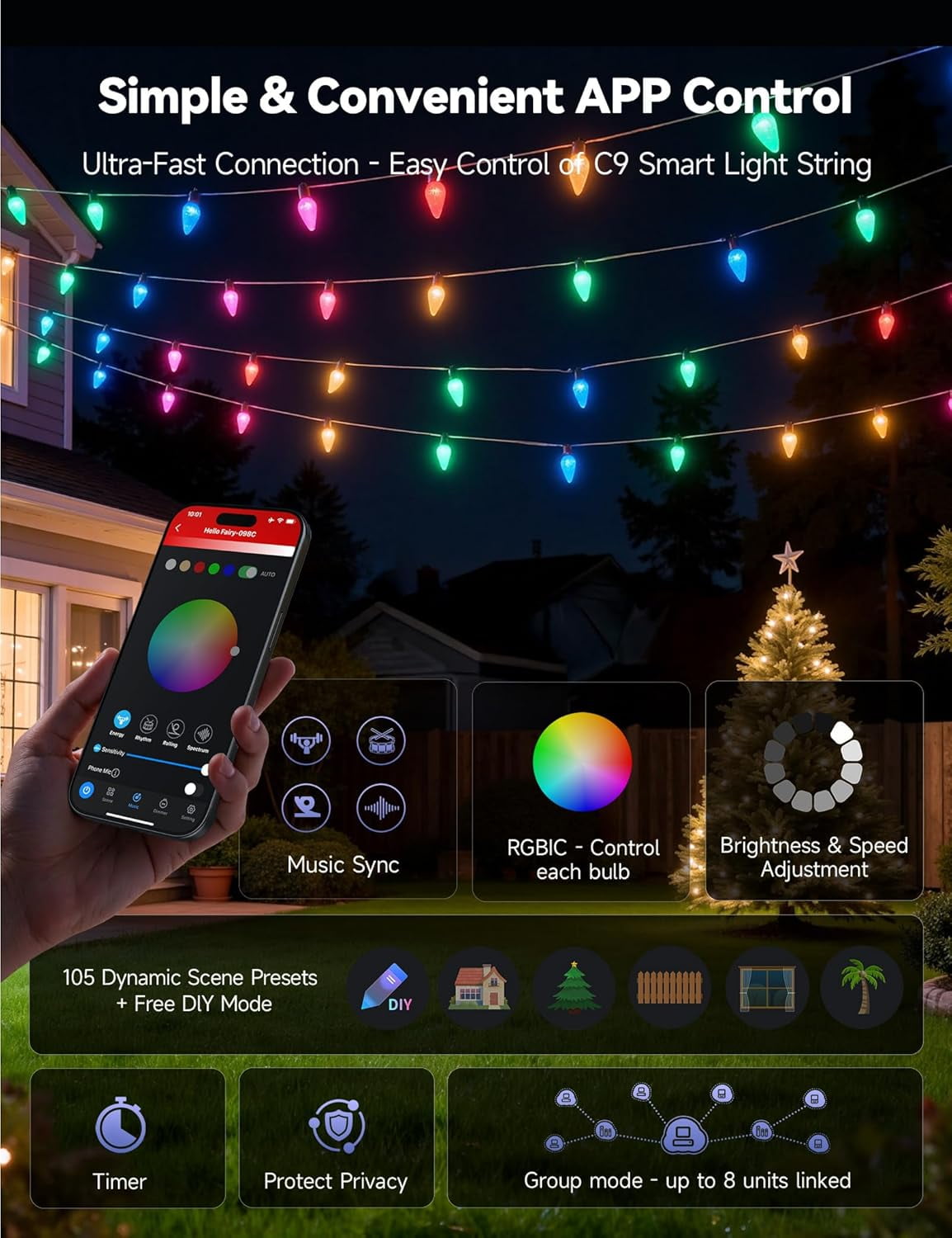Smart C9 Christmas Lights Outdoor, 50 LED 65FT Christmas Color Changing ...
