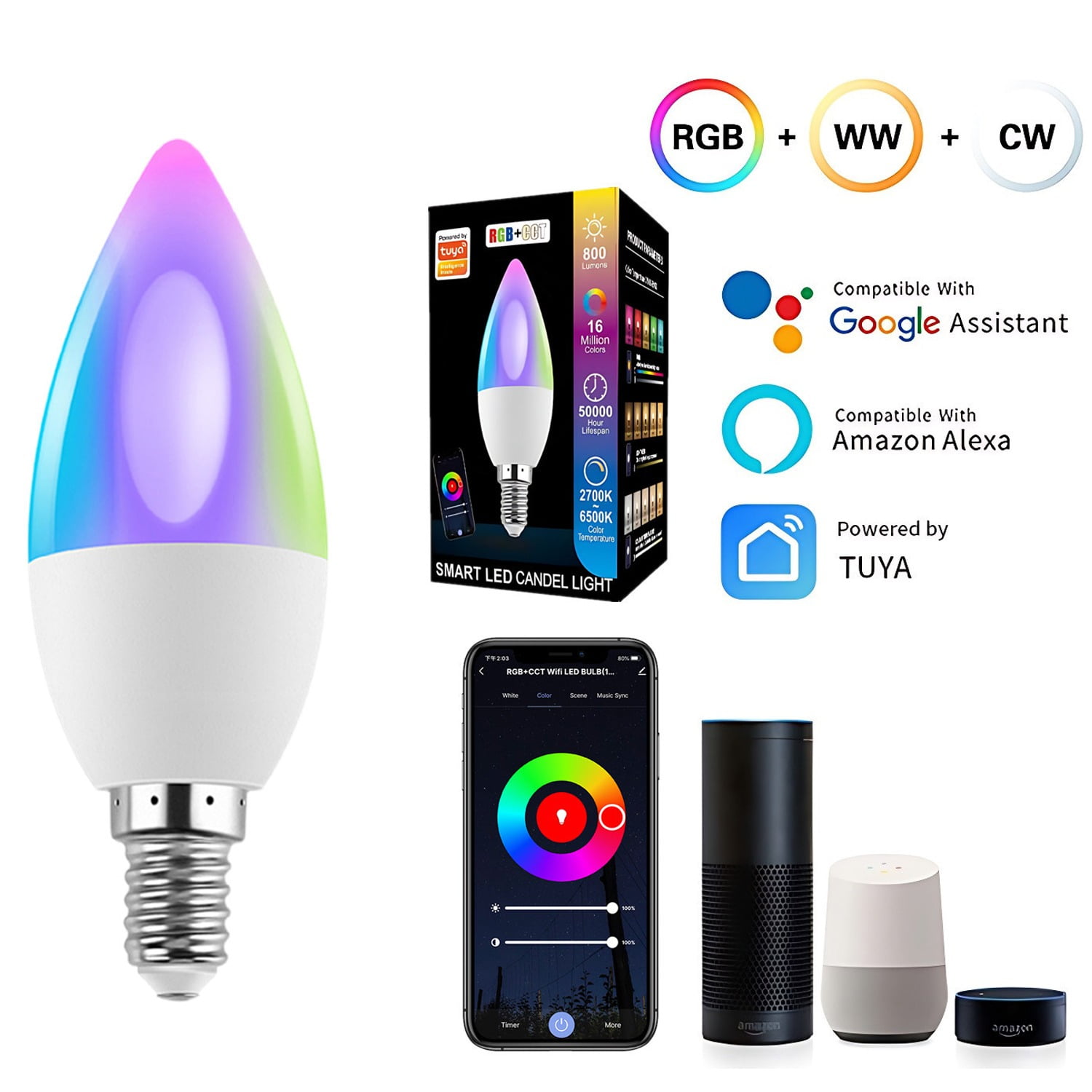 Smart Candelabra Led Light Bulbs, WiFi BL E14 Smart Bulbs, 2700K-6500K CW& RGB Dimmable, Smart ...