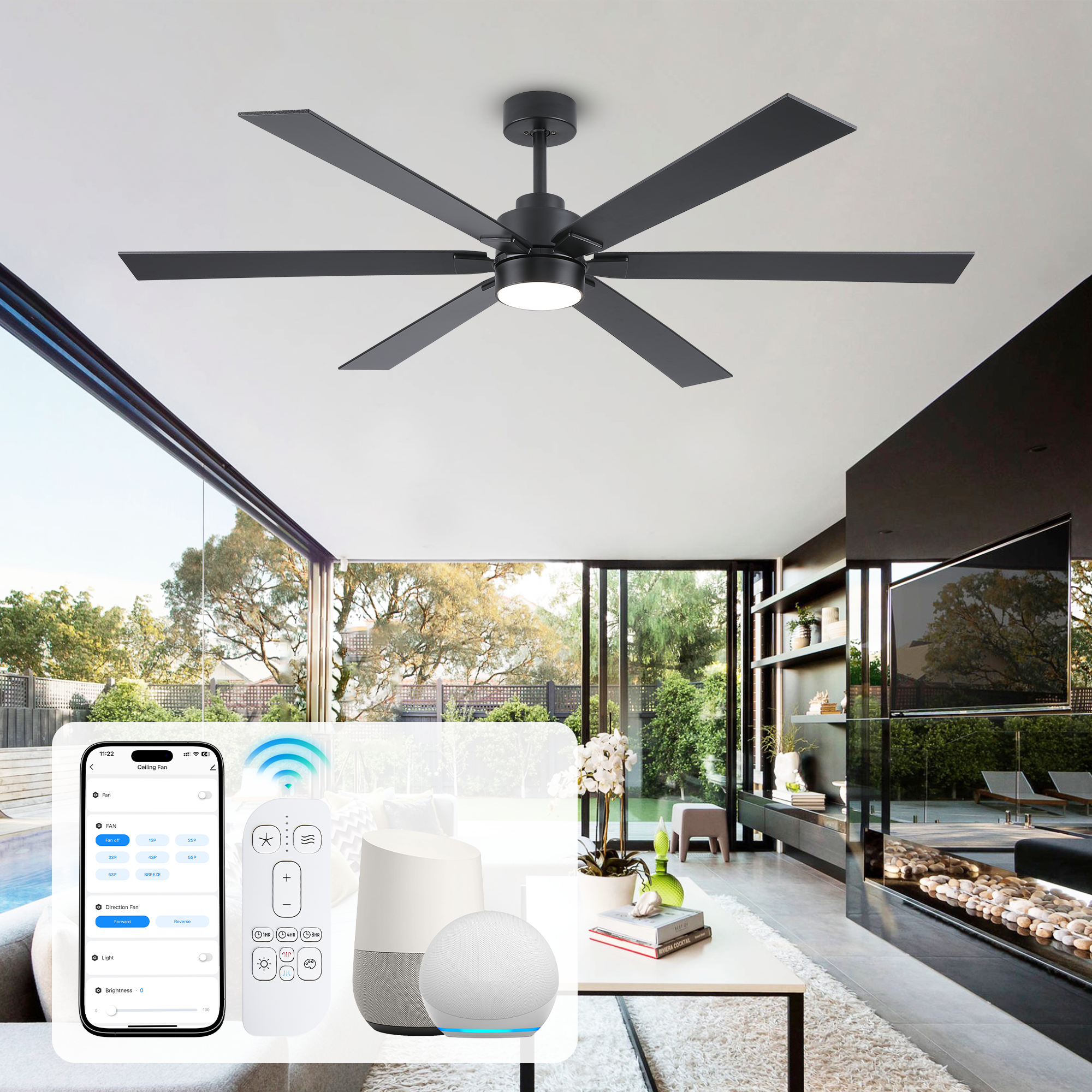 Smart Ceiling Fan with Light, 66 inch Black Outdoor Fans for Patios ...