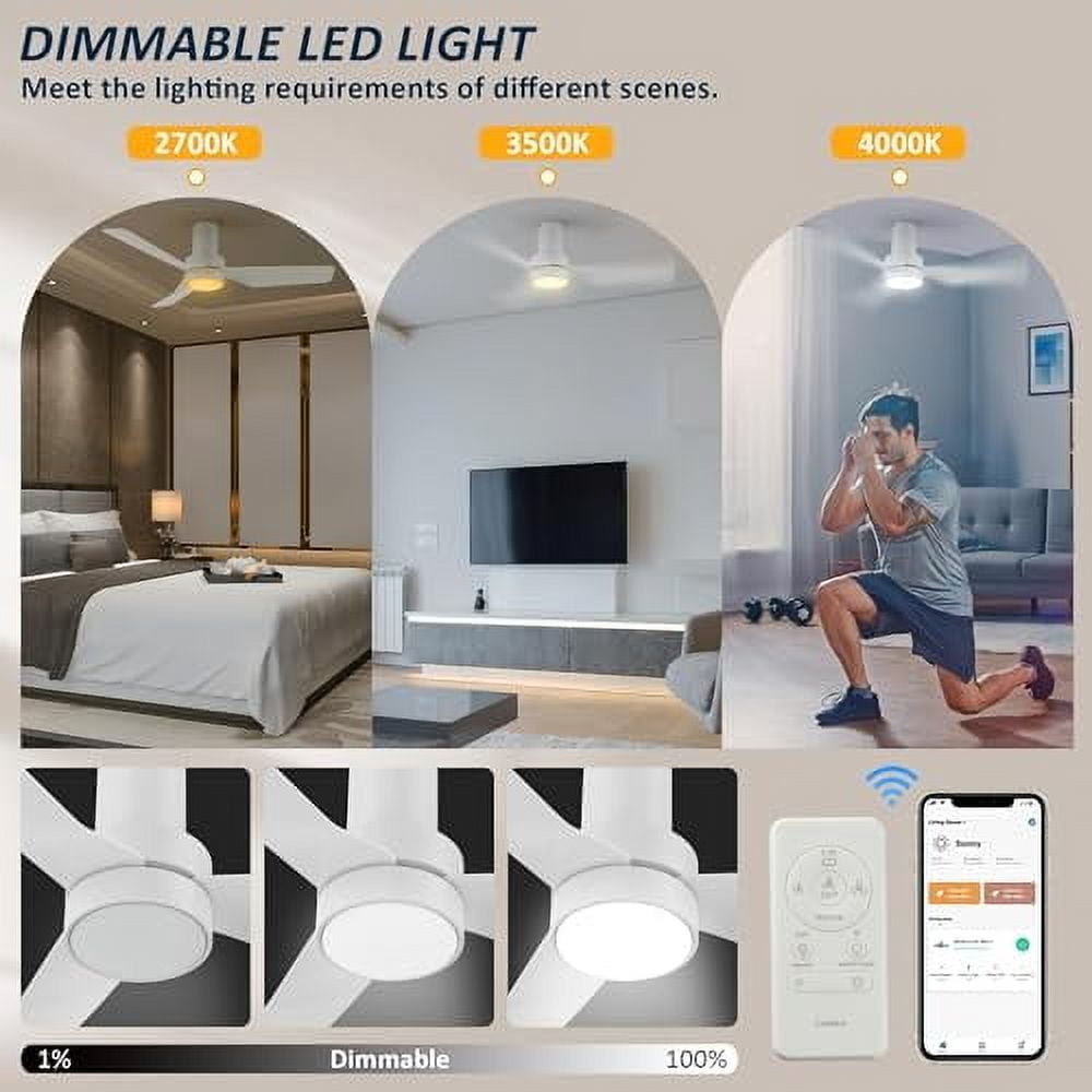 Smart Ceiling Fan with Remote, 44-Inch Dimmable LED Light Indoor Flush ...