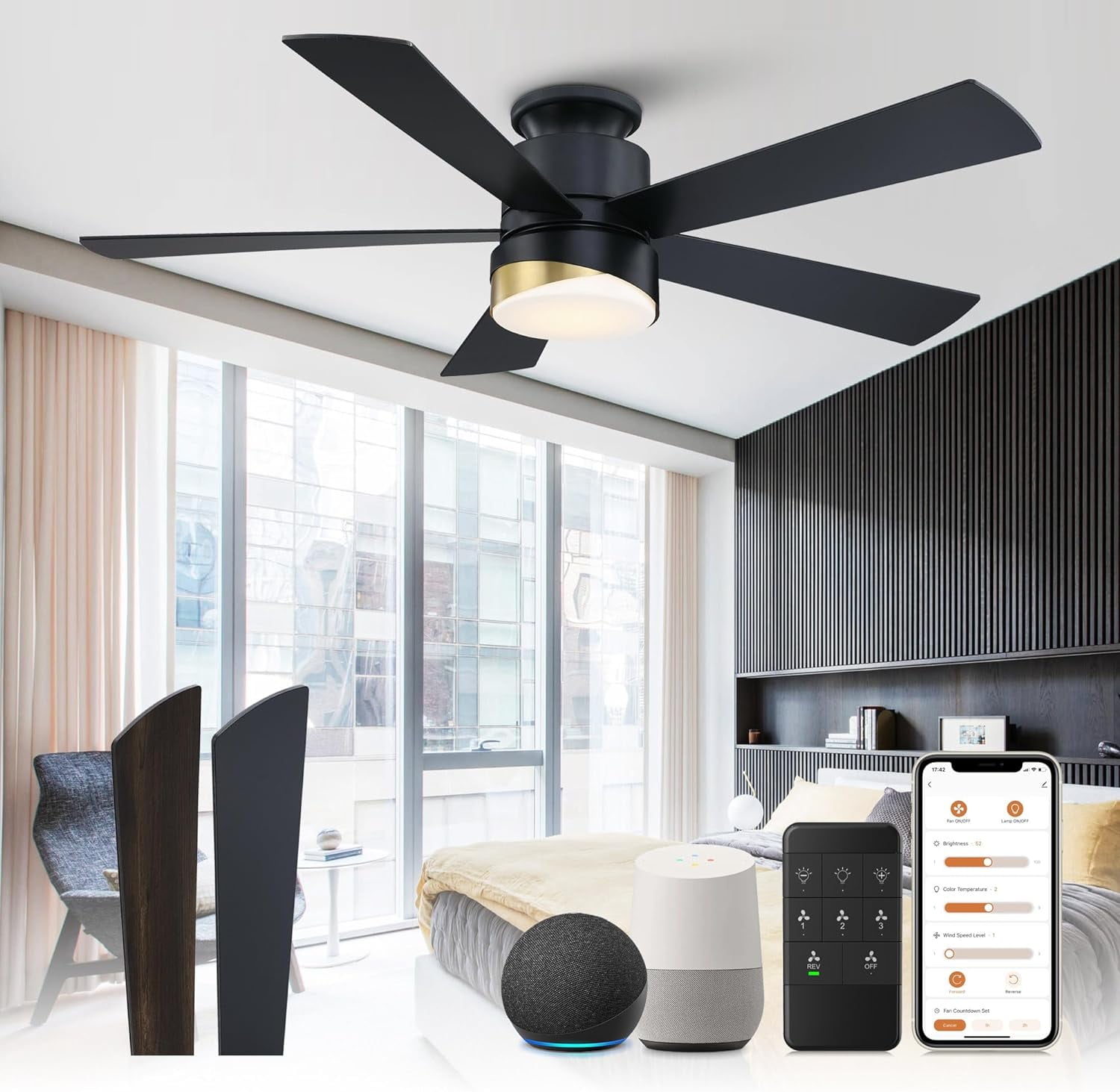 Smart Ceiling Fans with Lights,52 Inch Low Profile Black Ceiling Fan ...
