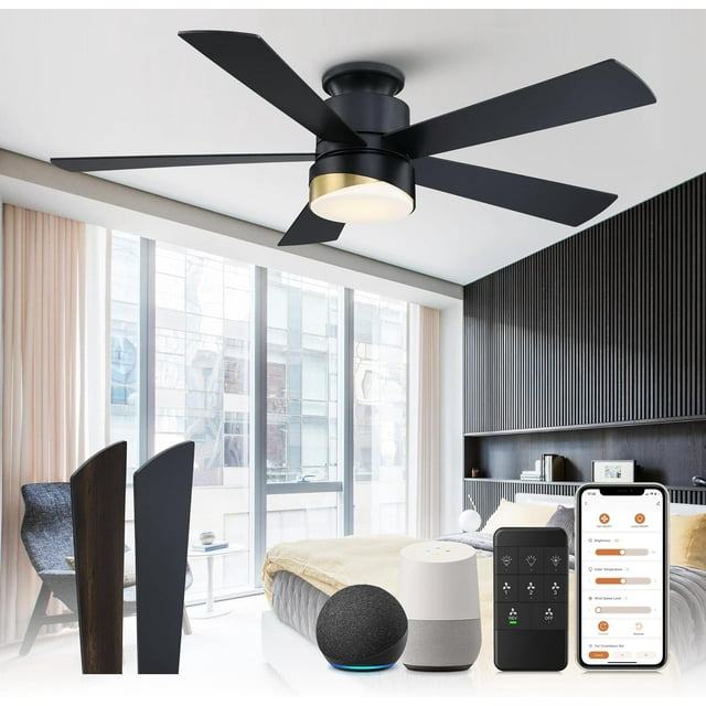 Smart Ceiling Fans with Lights,52 Inch Low Profile Black Ceiling Fan ...