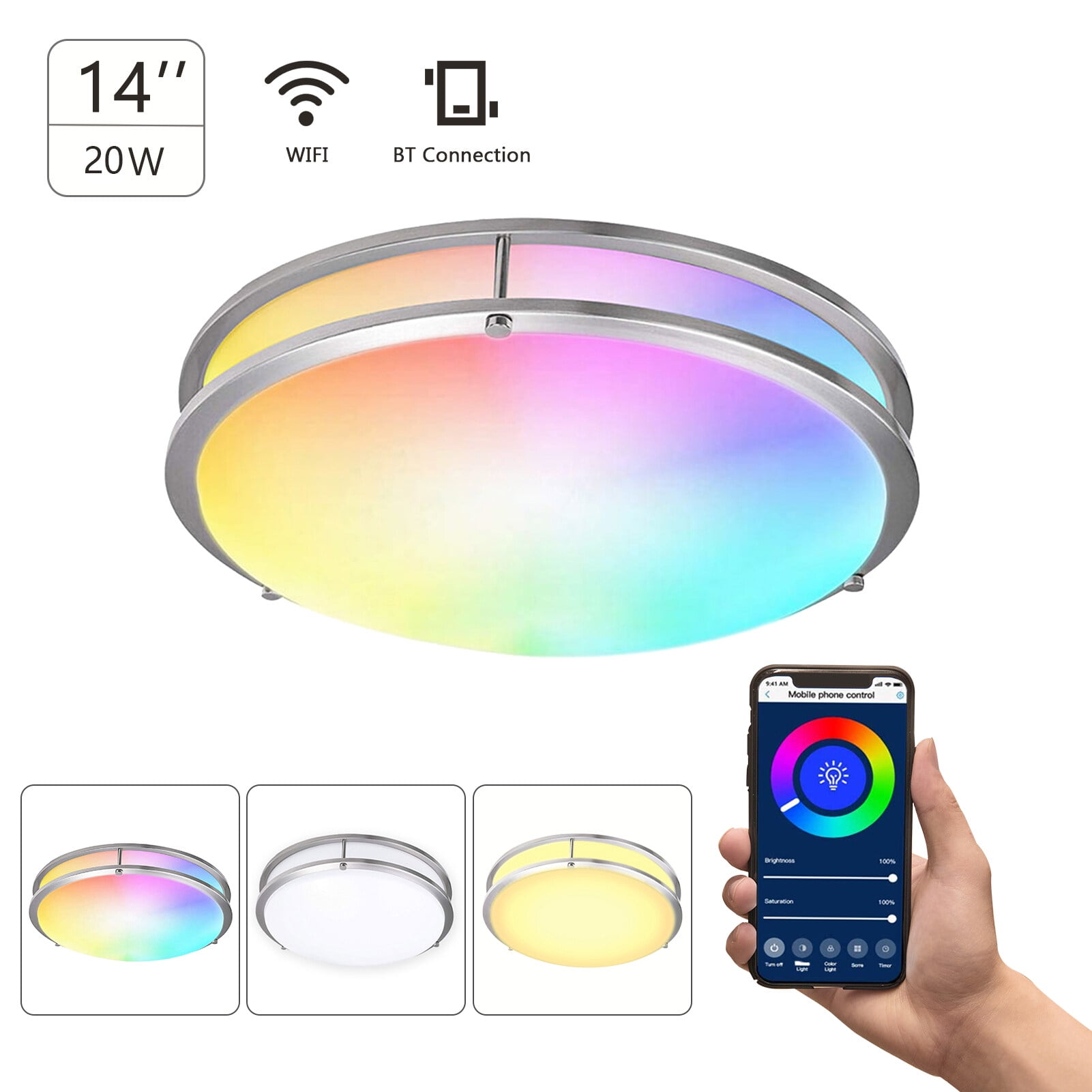 Smart Ceiling Light 14-inch 20W Flush Mount Wi-Fi Ceiling Lamp 2700K ...