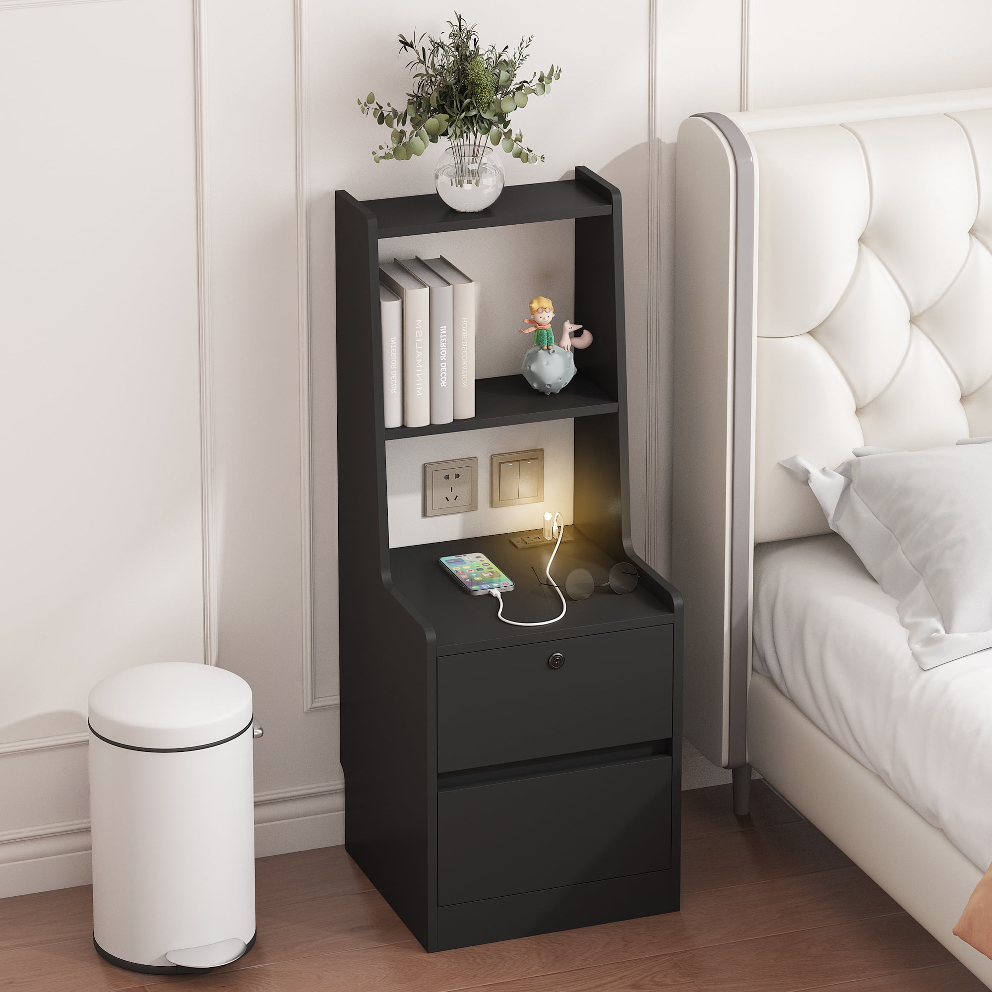 Smart Charging Nightstand - 15.7" Wide Bedside Table with Voice-Control ...