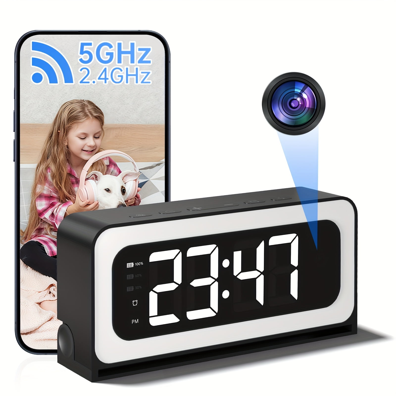 Smart Clock Camera, 5G&2.4G WiFi Security Cameras Wireless Indoor, 2K ...