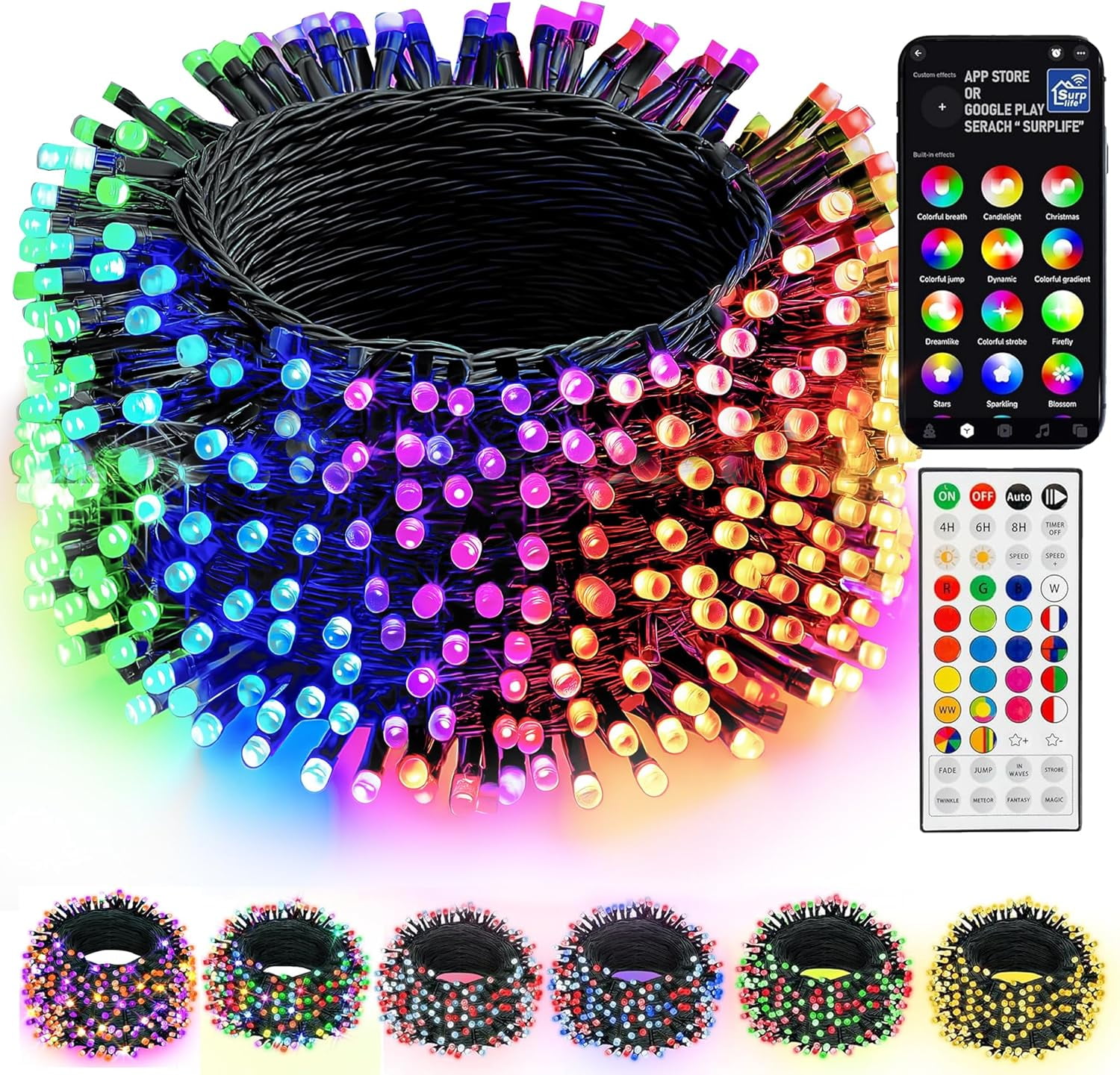 Smart Color Changing Christmas Lights, 66FT 200 LED RGB String Lights ...