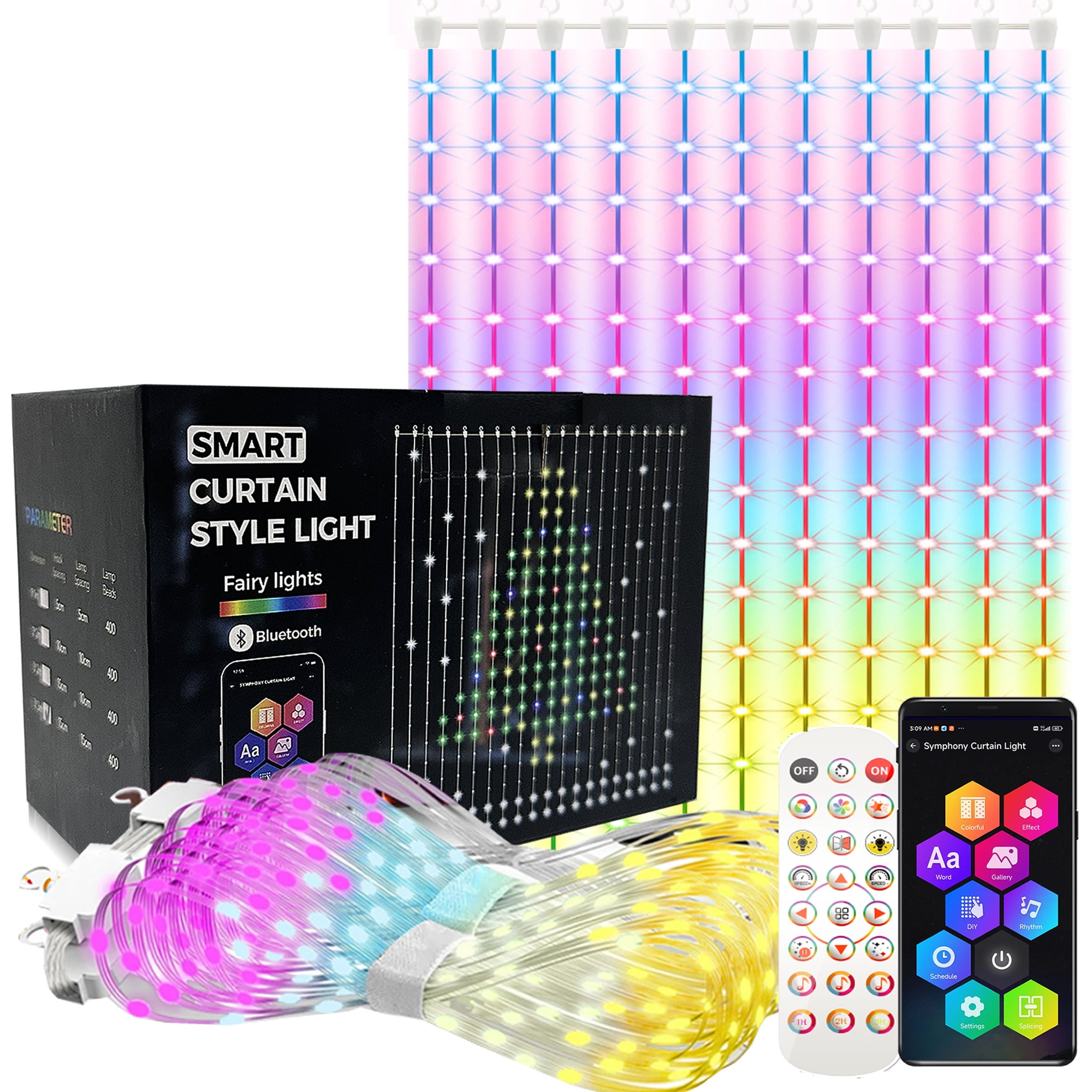 Smart Curtain Lights, 400 LED RGB 9.8ft x 9.8ft Color Changing Wall ...