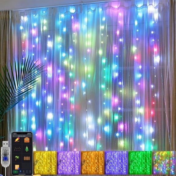 Smart Curtain String Lights 96 LEDs Christmas DIY App and Remote ...