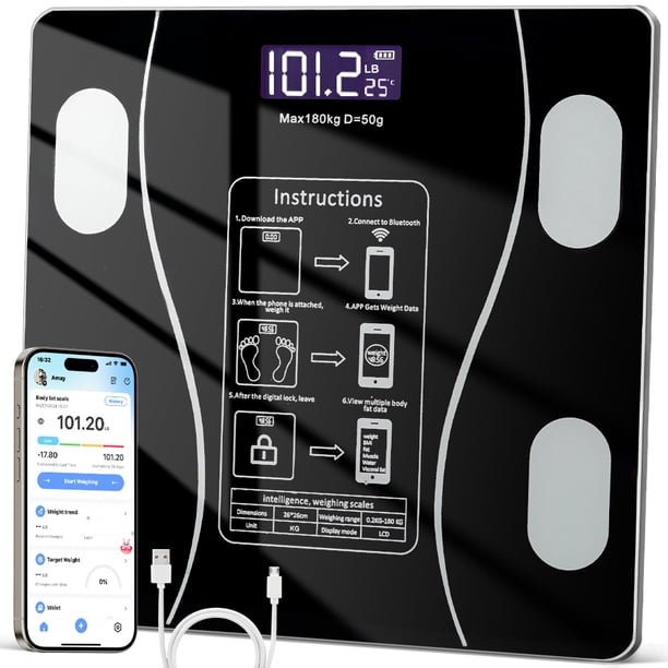 Smart Digital Scale for Body Weight and Fat, Rechargeable Bathroom ...
