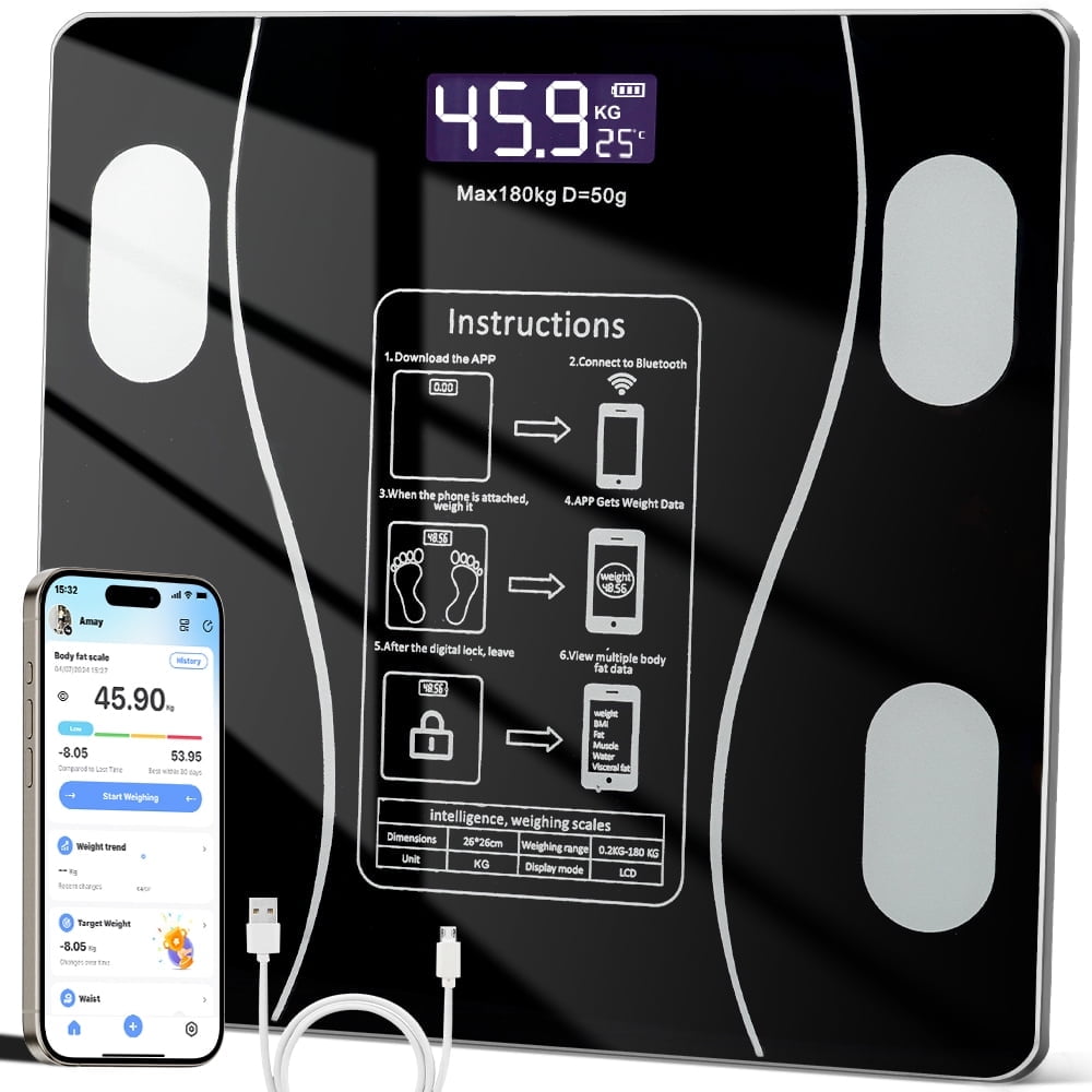 Smart Digital Scale for Body Weight and Fat, Rechargeable Bathroom ...