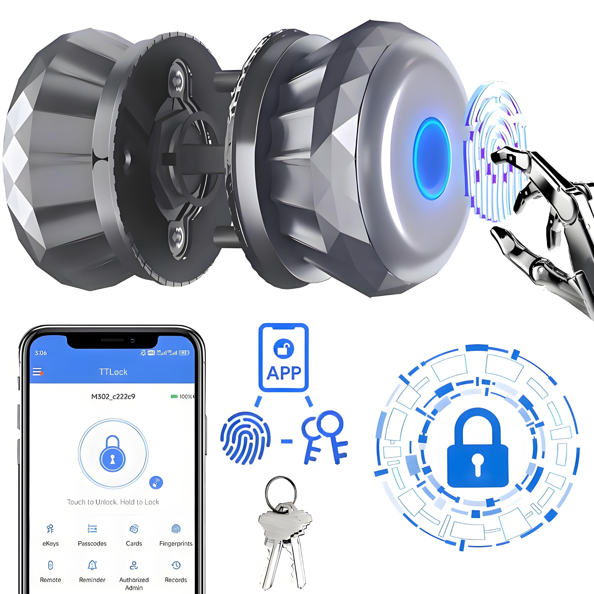 Smart Door Knob,Loctian Keyless Smart Door Lock Smart Deadbolt with App ...