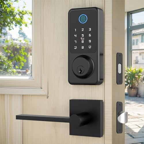 Smart Door Lock Set, Fingerprint Door Lock with Lever Handle, Black ...