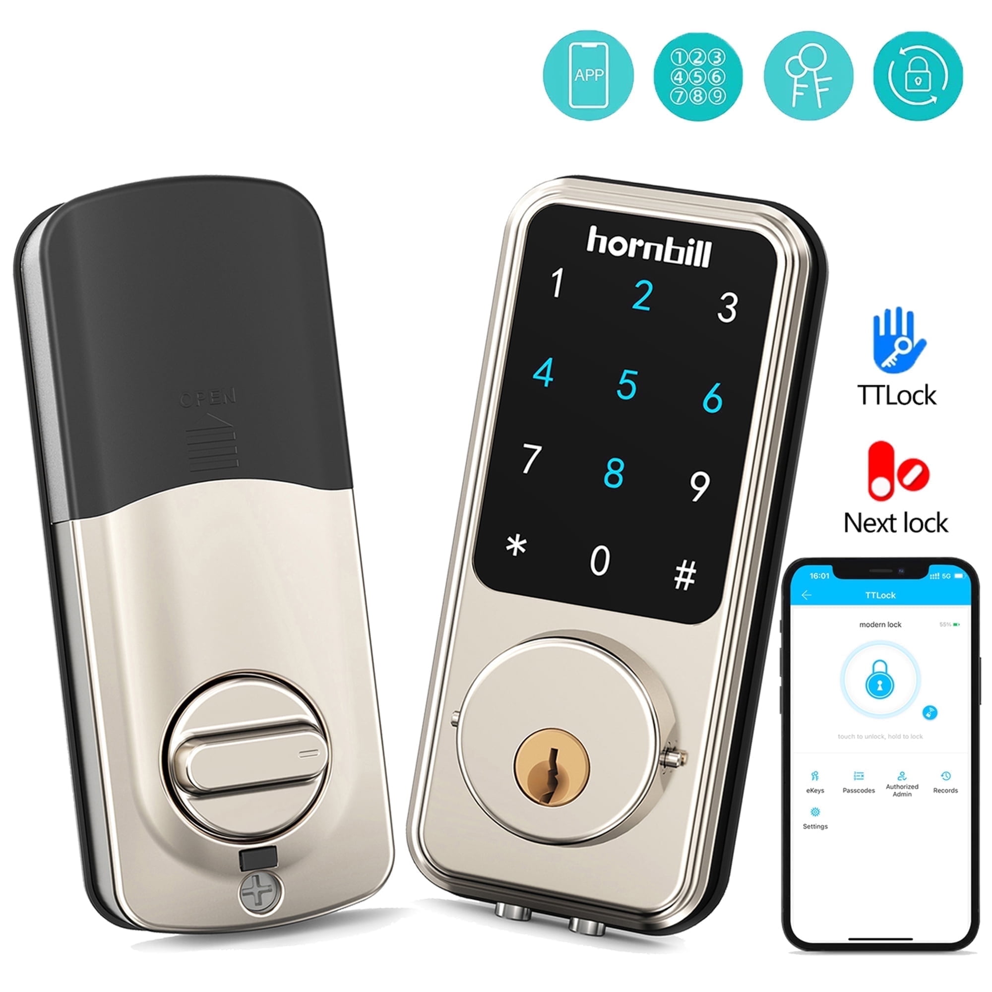 Hornbill Smart Door Lock, Keyless Entry with Keypad, Bluetooth, Google ...