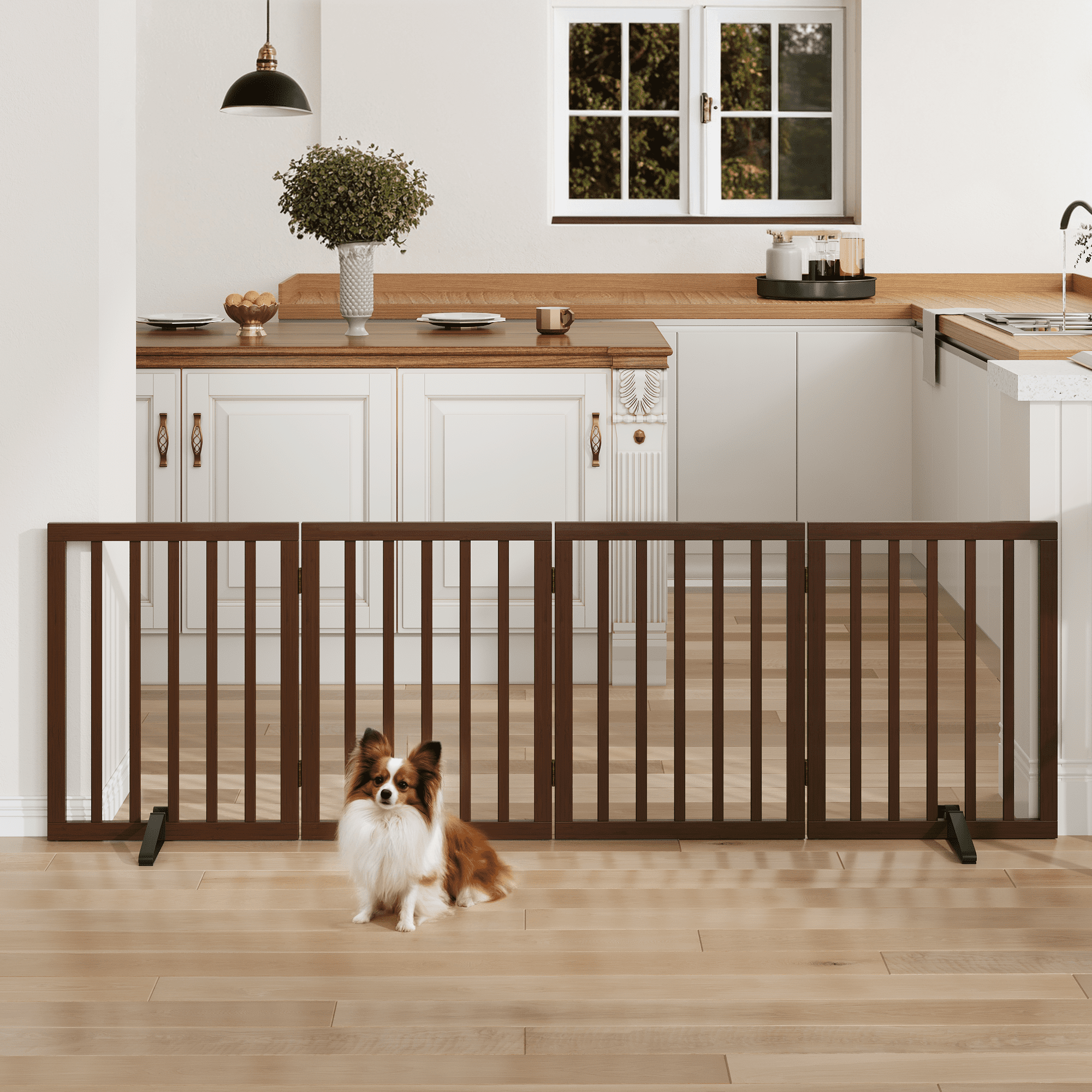 Smart FENDEE Bamboo Dog Gate Freestanding 4 Panel Pet Gate for Doorways ...