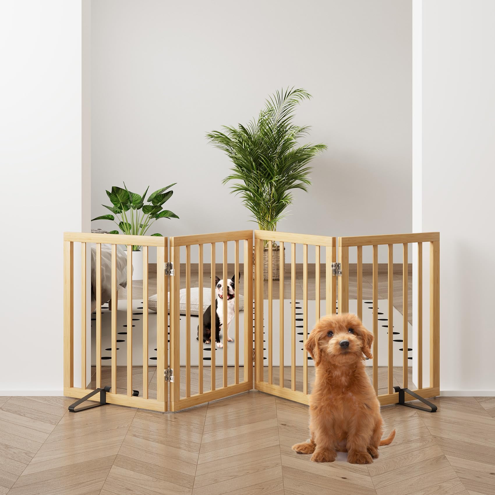 Smart FENDEE Bamboo Dog Gate Freestanding Pet Gate with 2 Support Feet ...