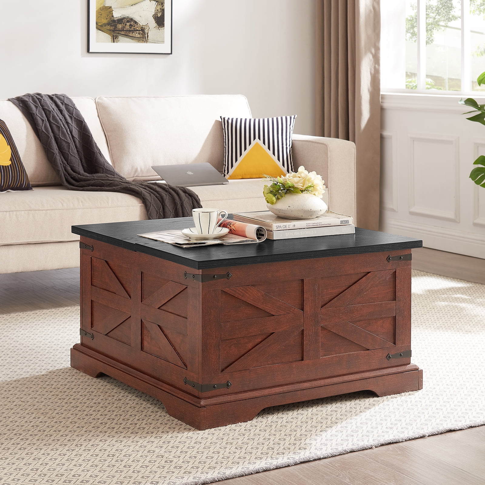 Smart FENDEE Farmhouse Coffee Table with Lift Top Wooden Square Center ...