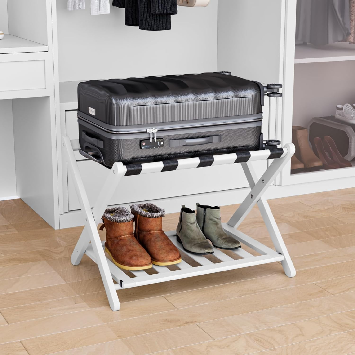 Smart FENDEE Luggage Rack, Bamboo Foldable Suitcase Stand, Holds up to ...