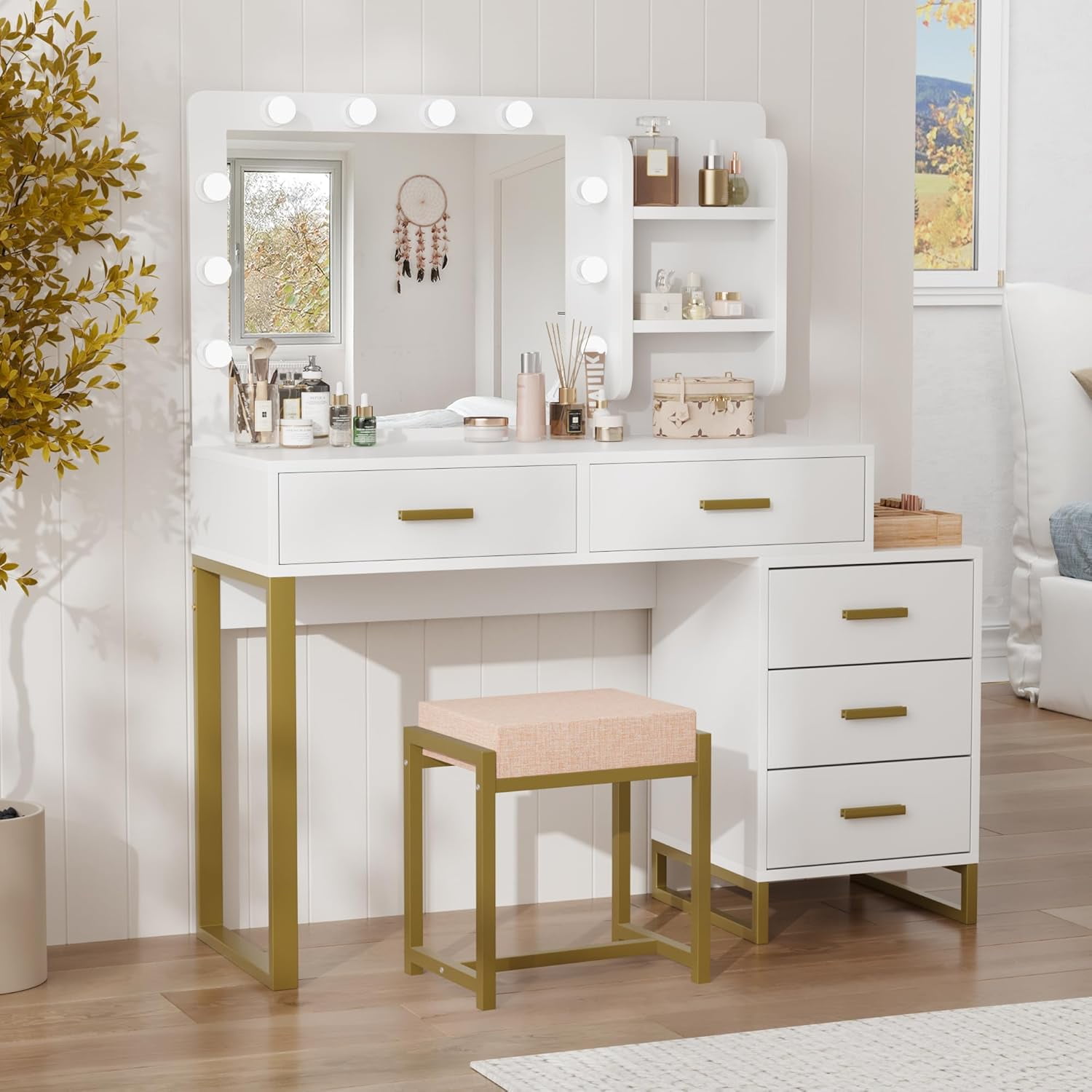 Smart FENDEE Modern White Vanity Table Set with 10 Lighted Mirror, 5 ...