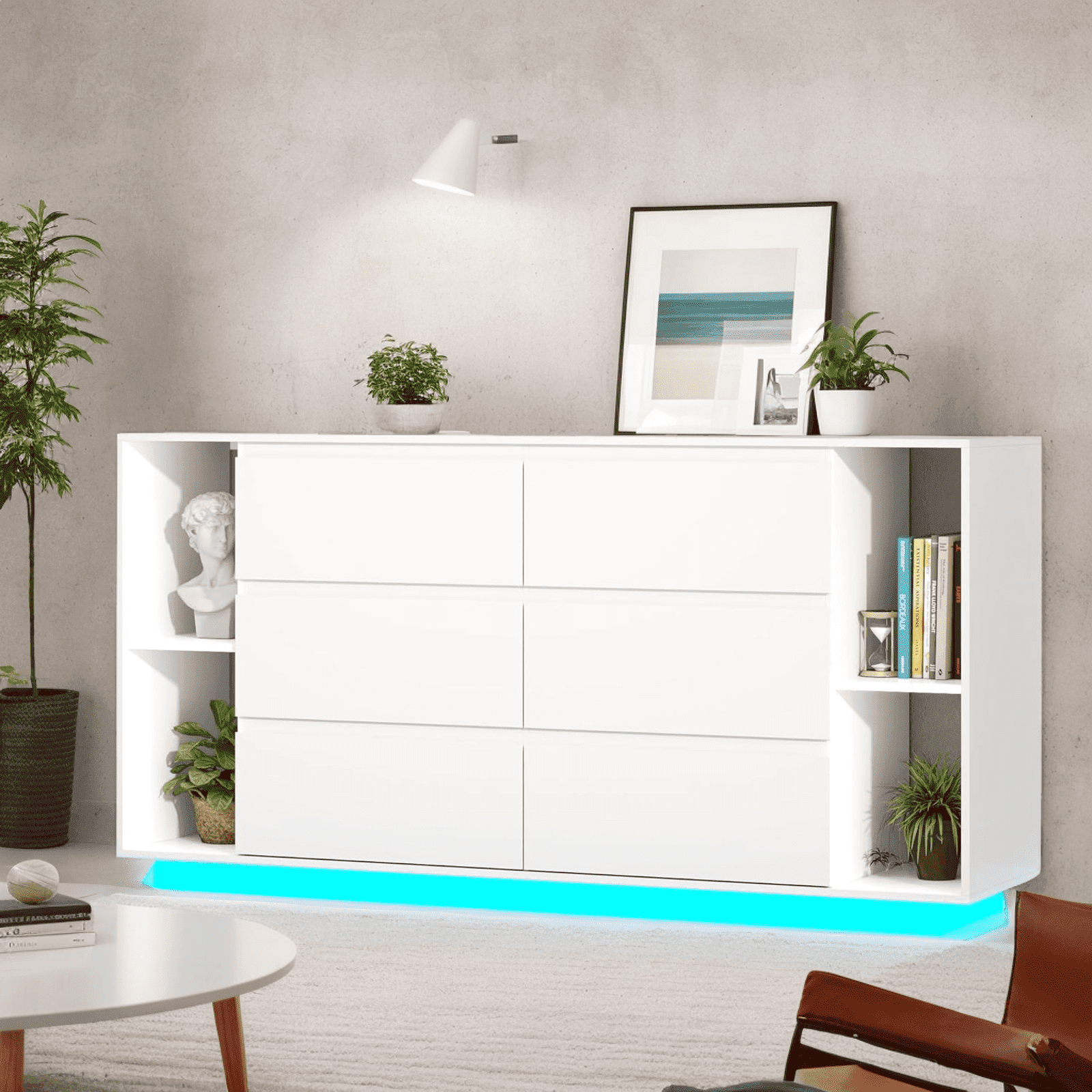 Smart Floating Dresser with Charging Station 6-Drawer White Dresser ...